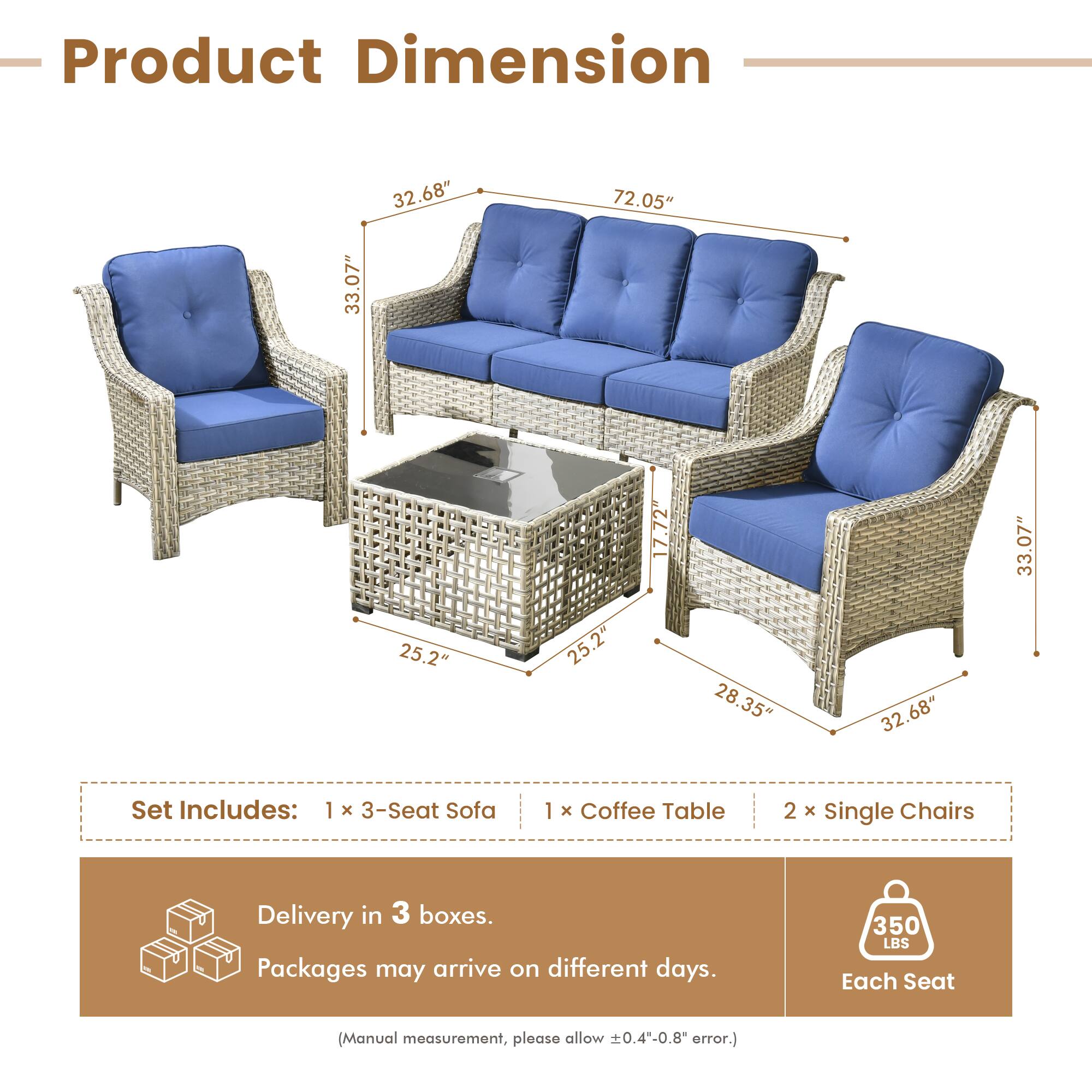 Ovios 4 PCS Patio Furniture Set 3 Seat Comfy Sofa All Weather Wicker ...
