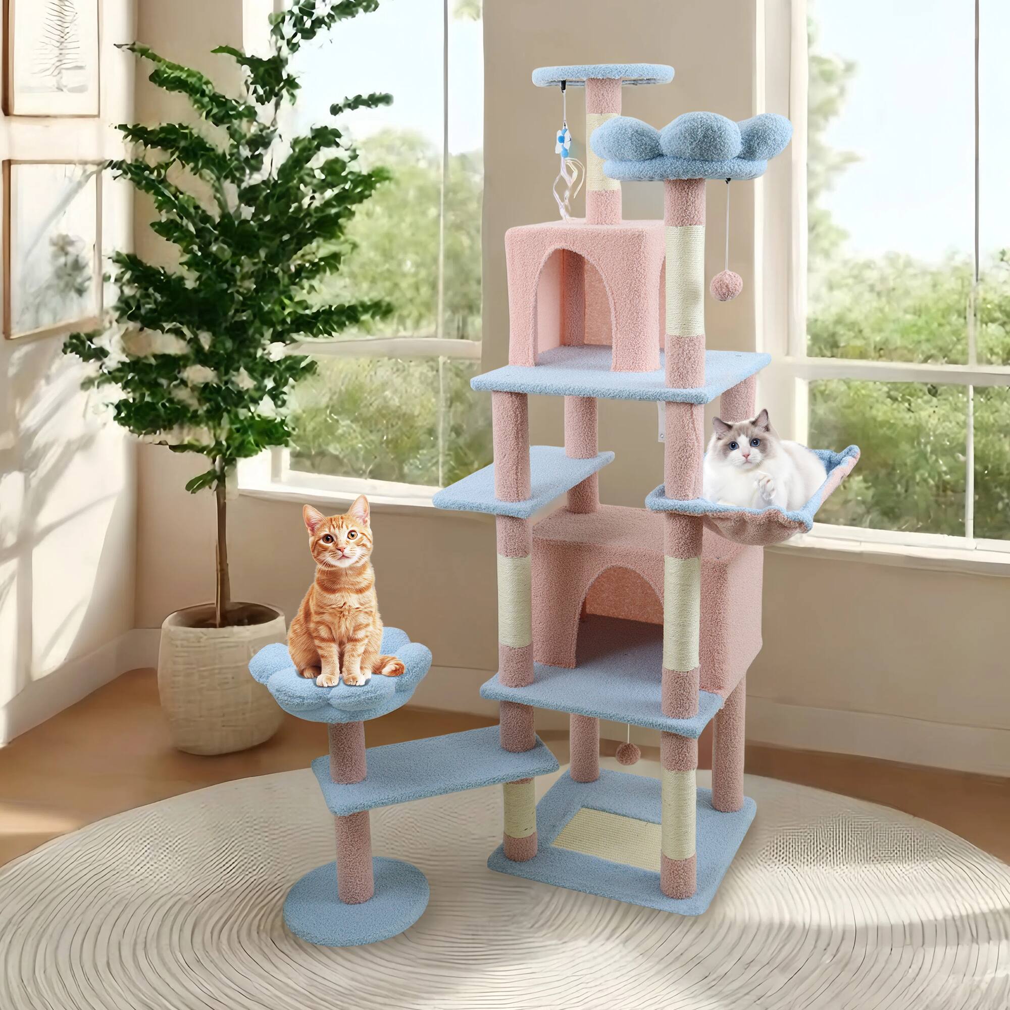 Siljoy 71" Blue Flower Cat Tree with Jumbo Condo, Wide Hammock & 7 ...