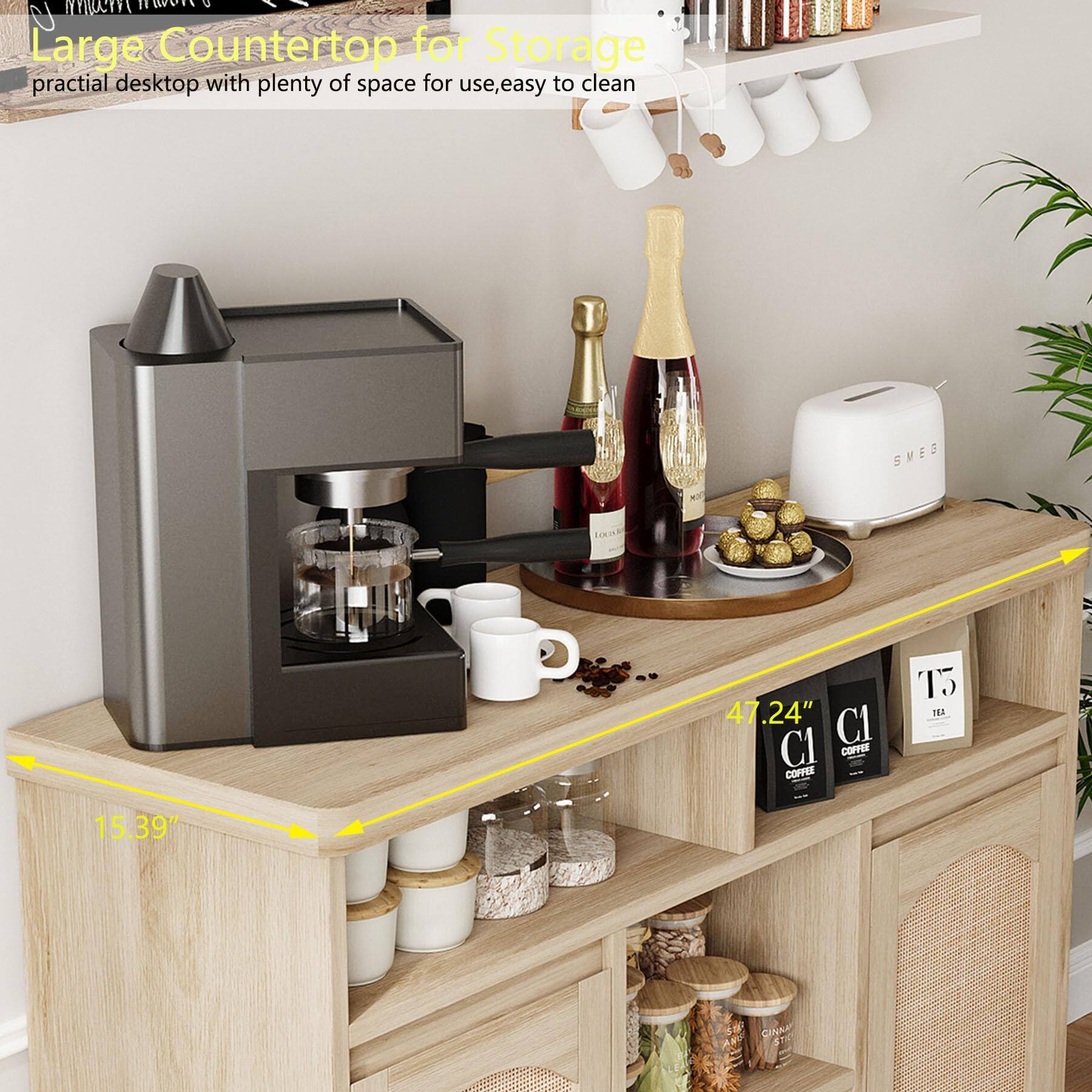 Jojoka 47" Rattan Sideboard Buffet Cabinet with 2 Doors and Shelves, Large Wood Credenza Buffet ...