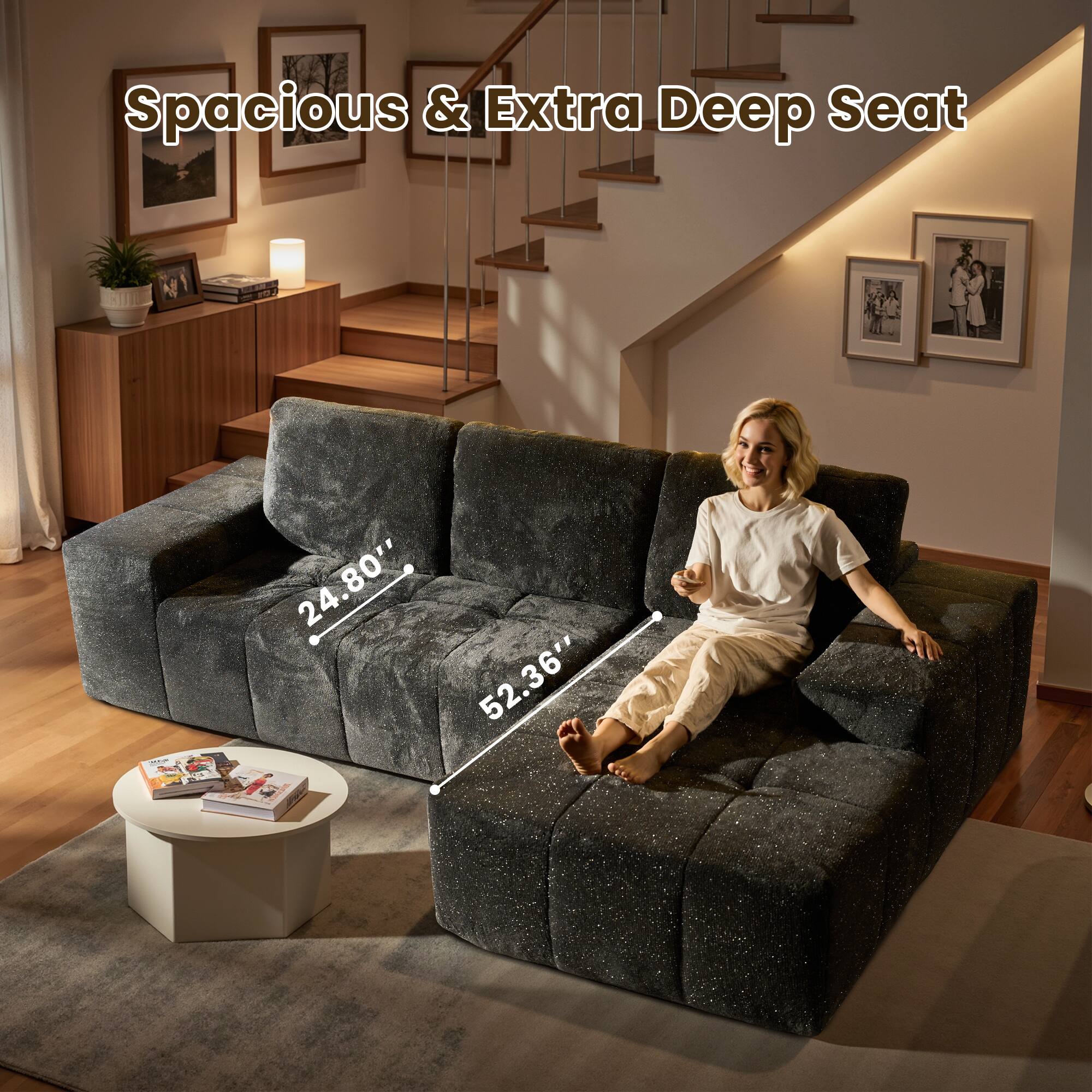 Ovios 114" Starlight Fabric Sectional Sofa with Comfy Chaise, Boneless ...