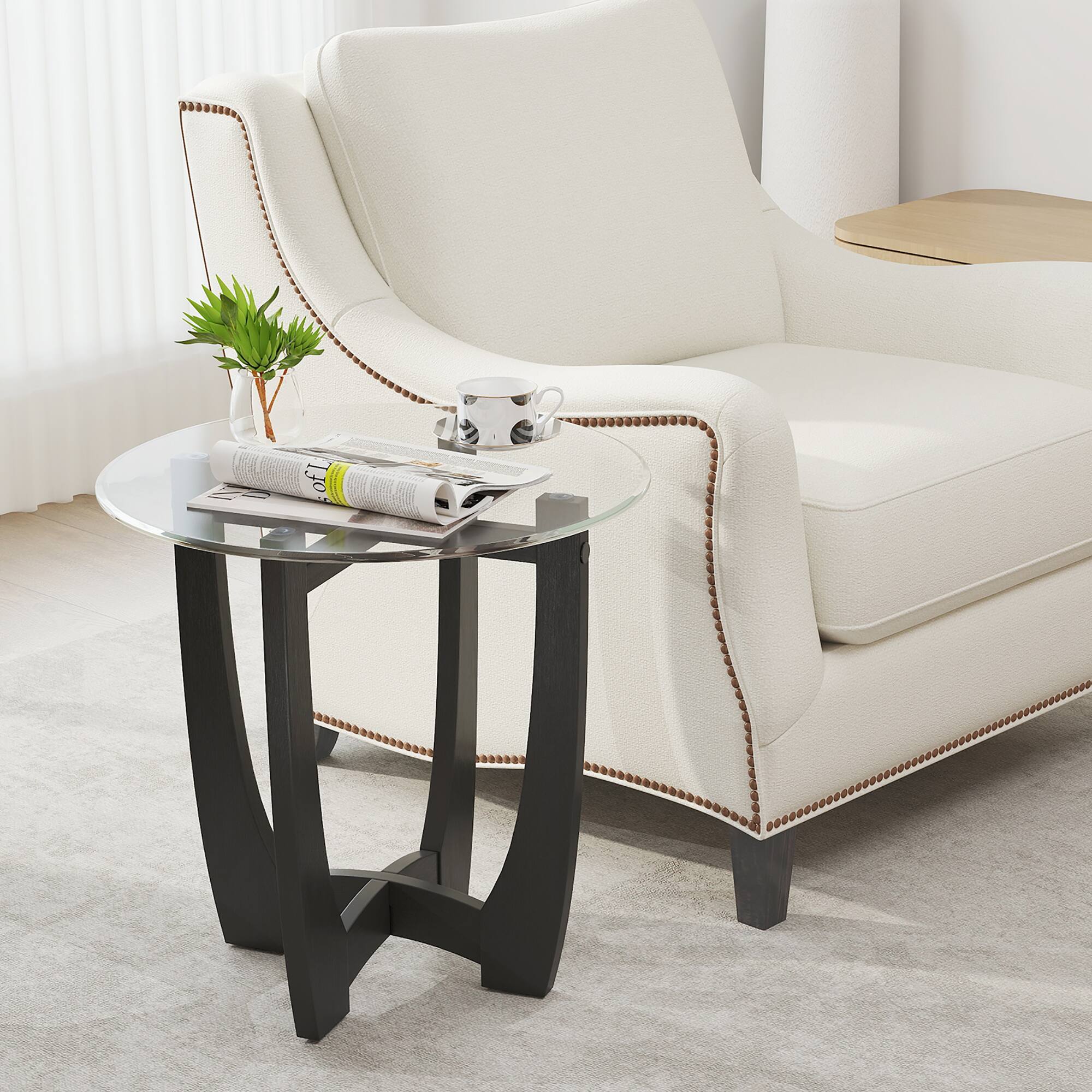 Gymax 2PCS 23.5'' Round End Table w/Glass Tabletop Cross shaped Solid ...