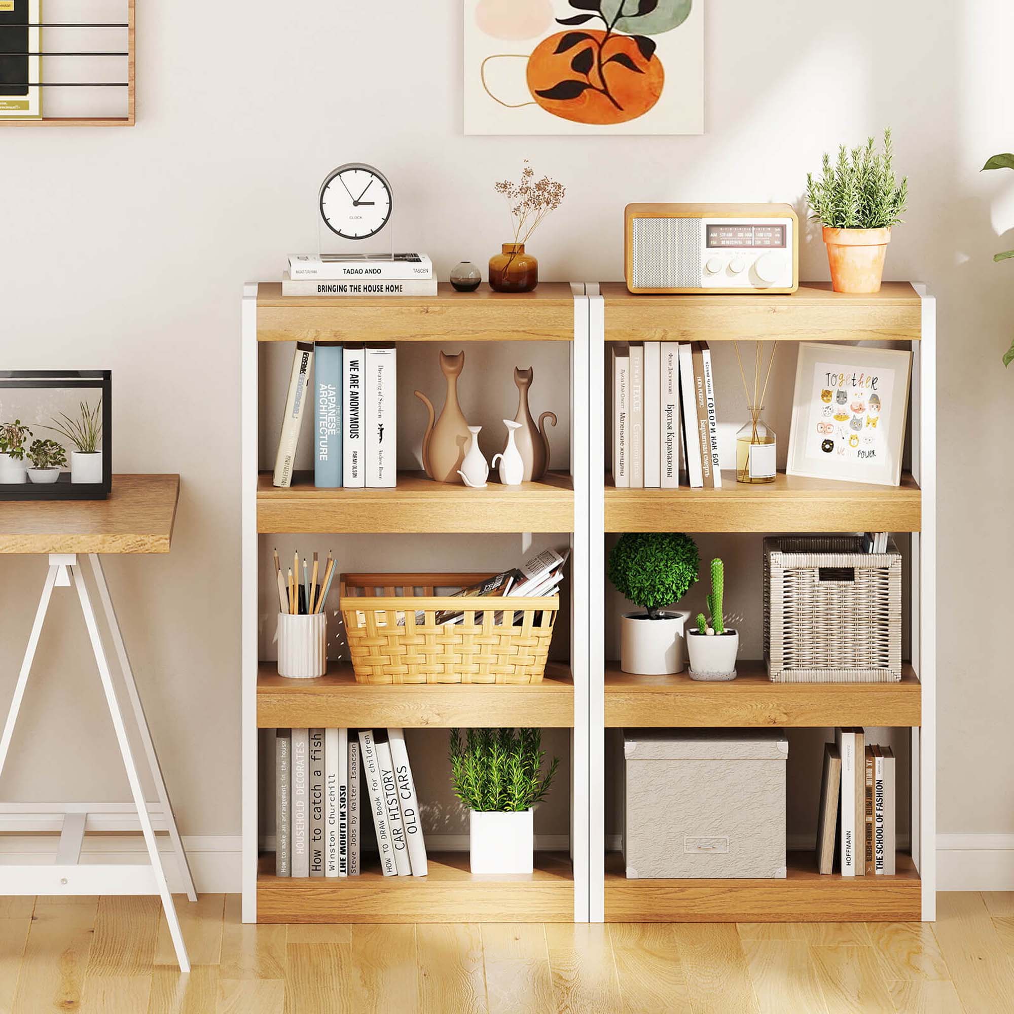 Costway 2 PCS 4 Tier Bookshelf Wooden Bookcase with Dual Anti Tipping ...