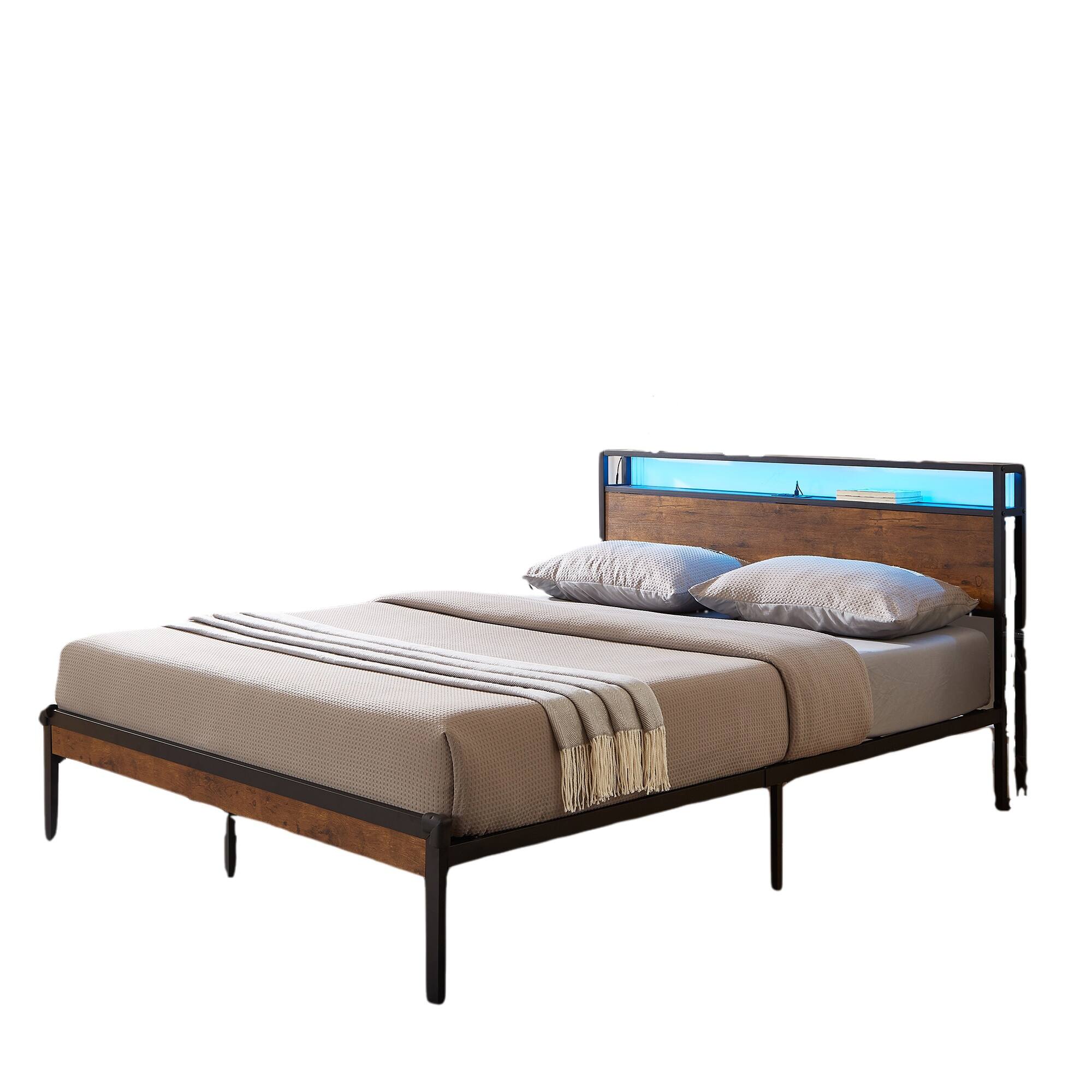 Spaco Modern King Bed Frame, Wood Headboard with USB Charging and LED ...