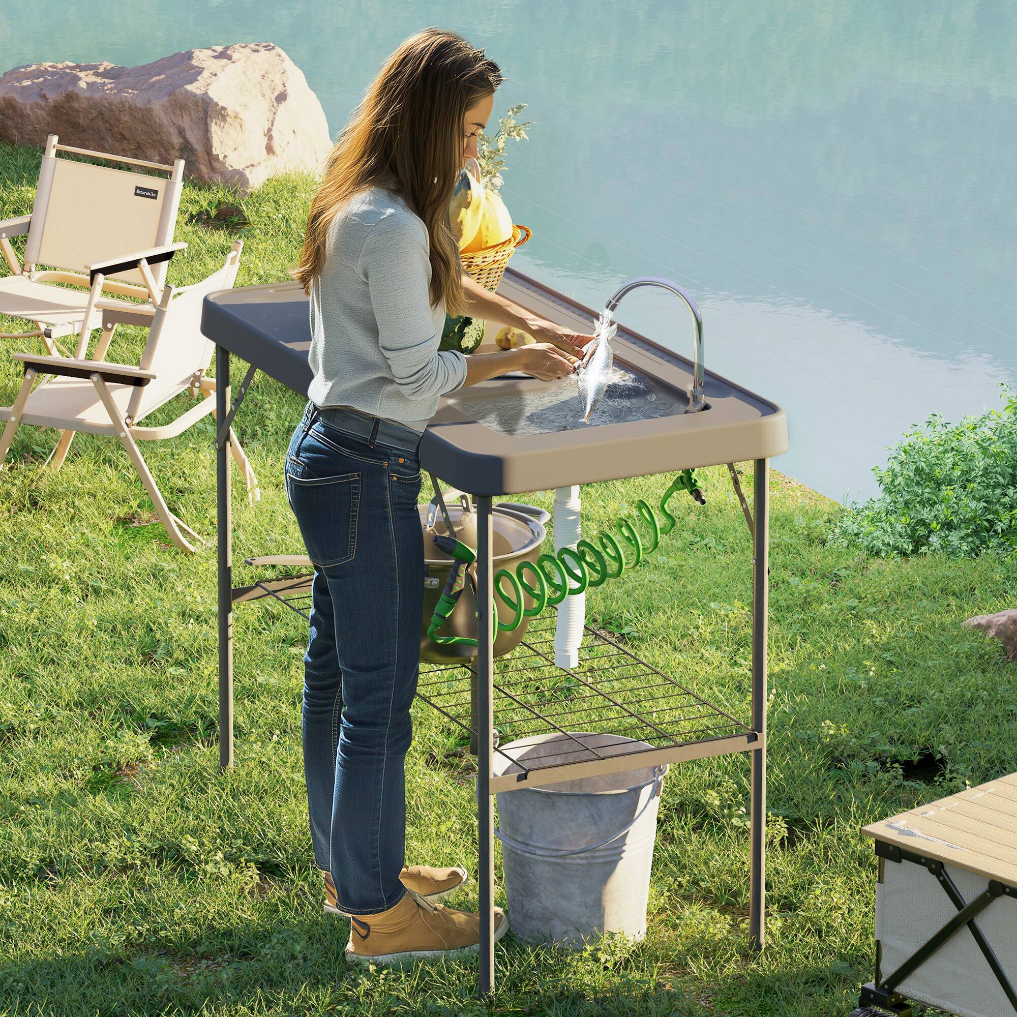 Outsunny Folding Fish Cleaning Table, Portable Camping Sink Station ...