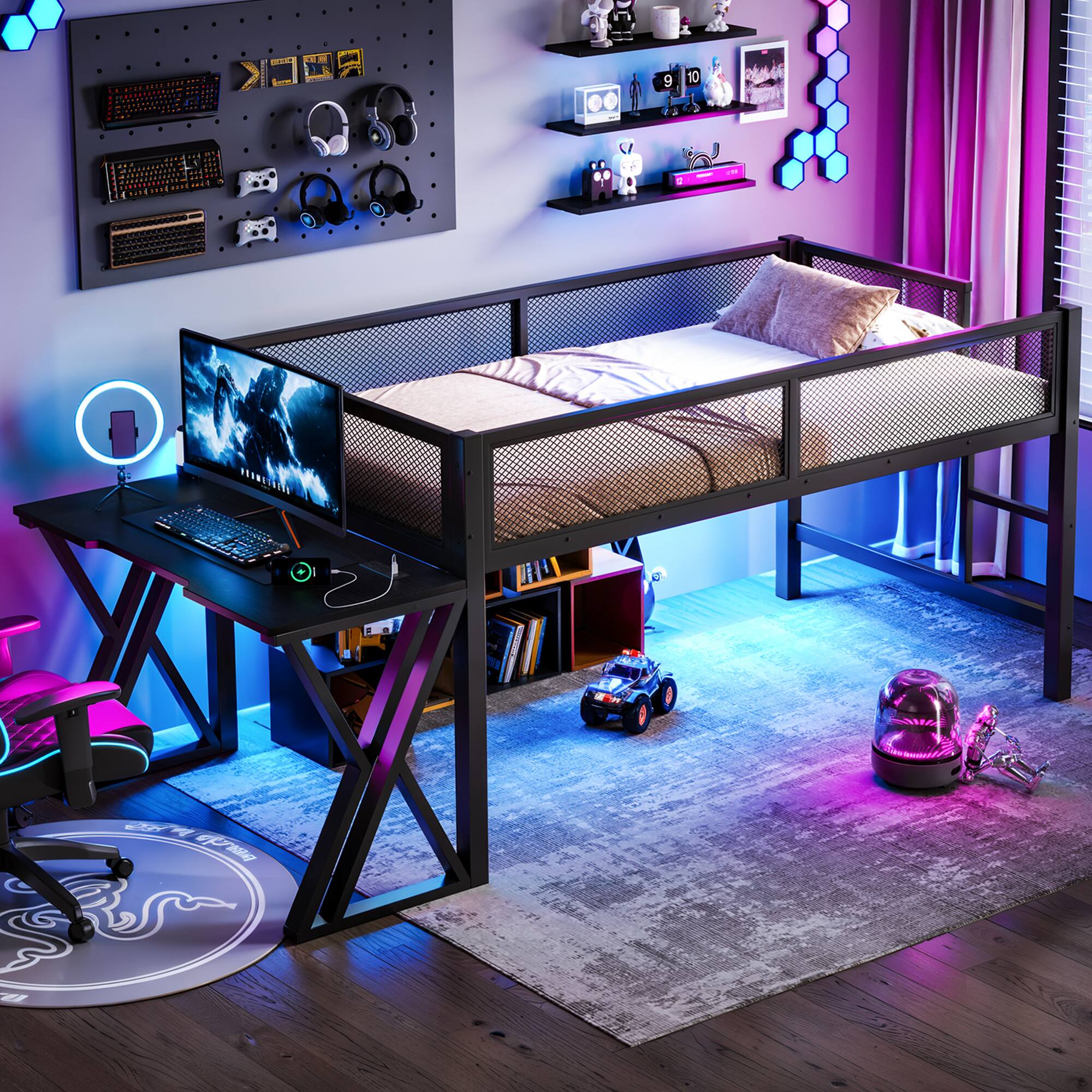 Whisen Gaming Loft Bed with Desk, RGB LED & USB Ports, Metal Frame ...