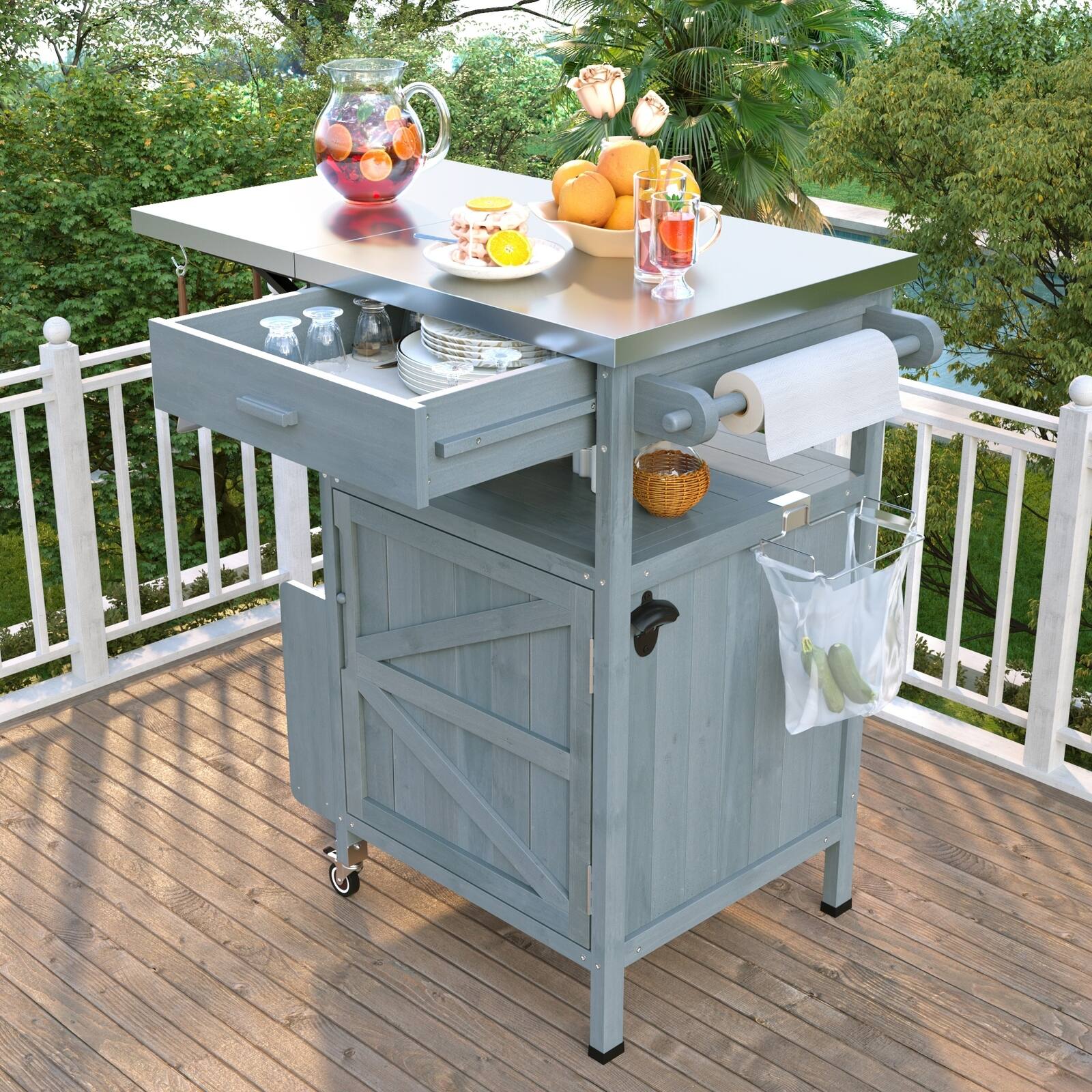 Spaco 40" Outdoor Grill Cart with Stainless Steel Top, Teak Cabinet, Drop Leaf Drawer Towel Rack ...