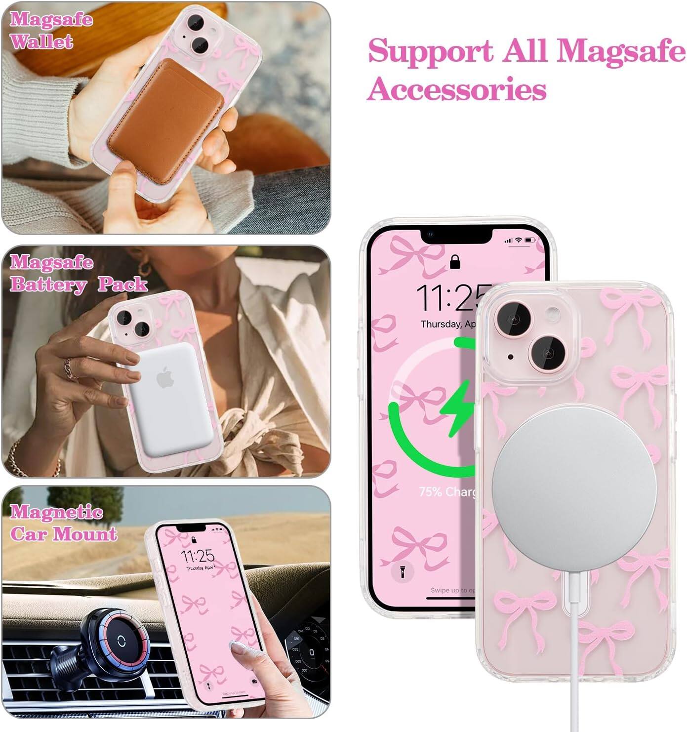 ACJPR Magnetic iPhone 14/13 Case, Clear Ribbon Design, Shockproof (Pink ...
