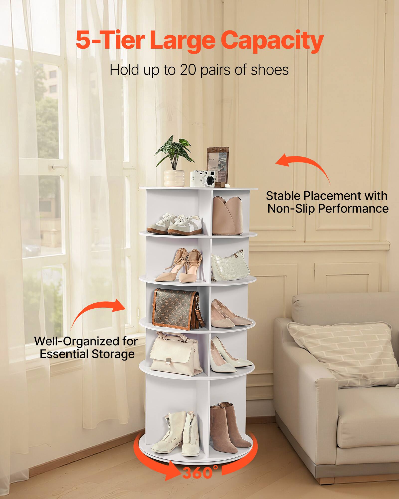 VEVOR 5 Tiers Rotating Shoe Rack Tower, 360° Spinning Shoe Rack ...