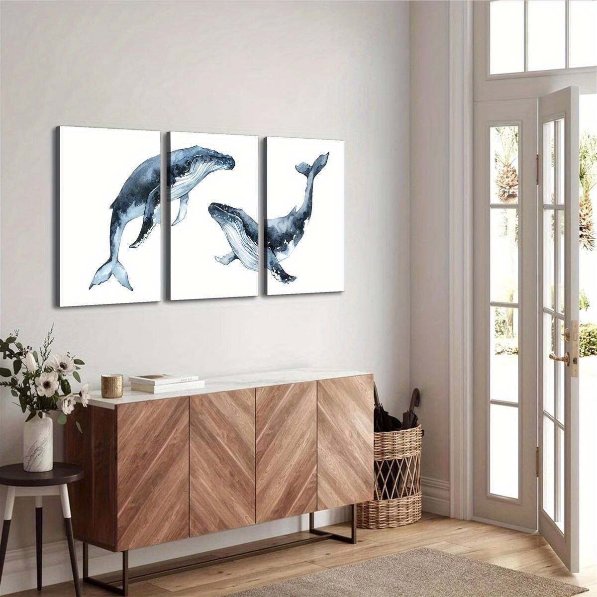 blue 3 Piece Set, Humpback Whale Canvas Wall Art, 3D Wooden Frame ...