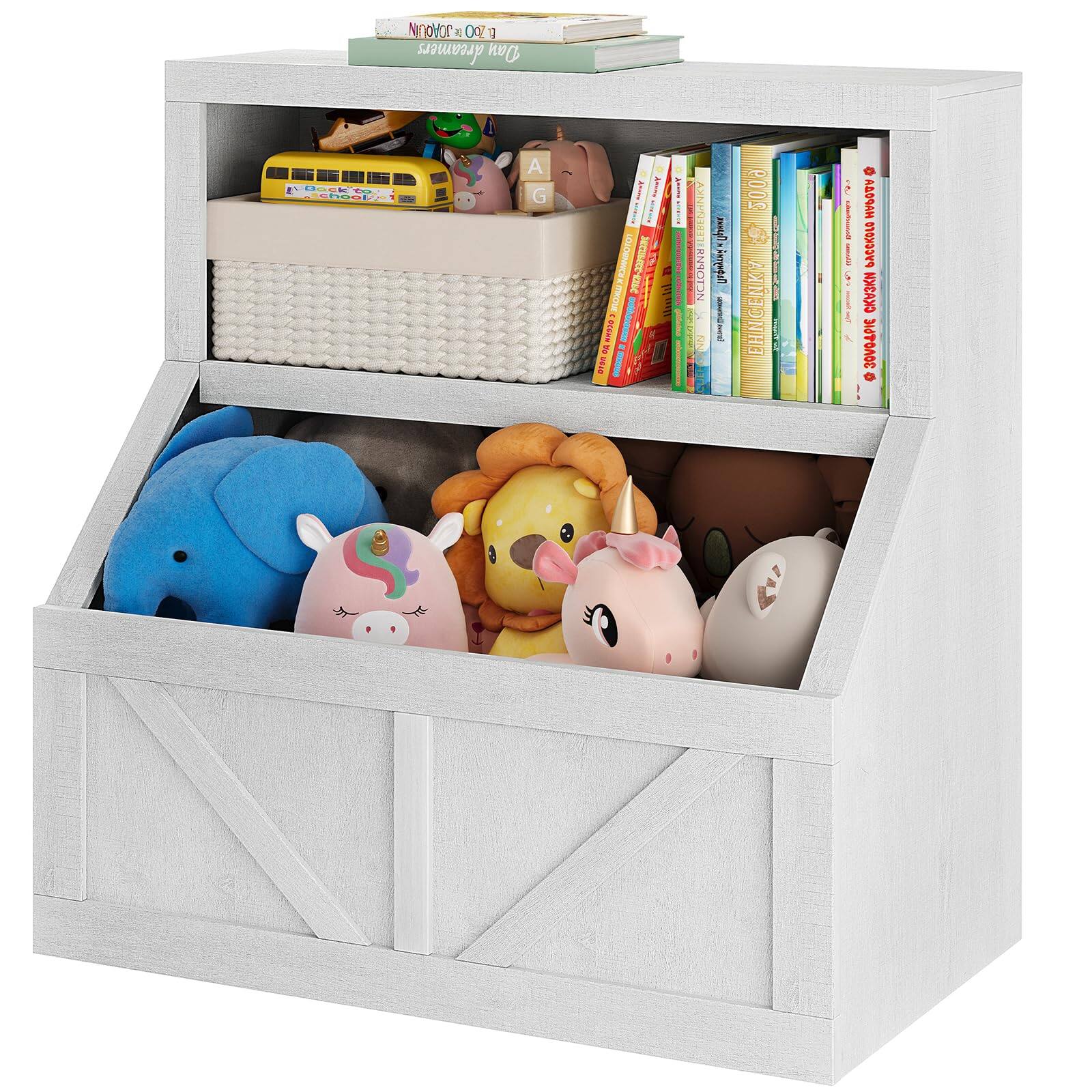 Babevy Kids Toy Storage Cabinet and Bookshelf, Wooden 2 Tier Organizer ...