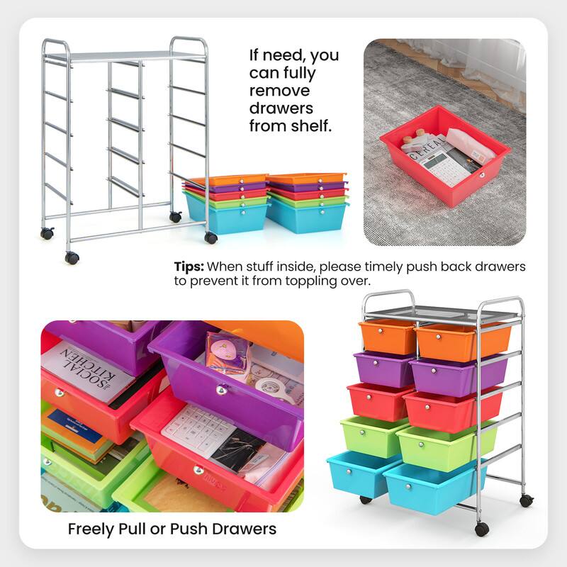 WELLFOR 10 Drawer Utility Rolling Storage Cart with Metal Tabletop ...