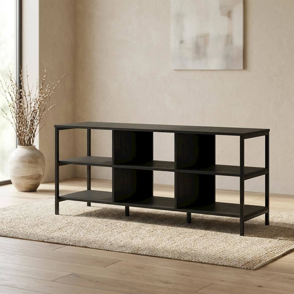 FurniFact Modern black TV stand with open shelves for entertainment ...