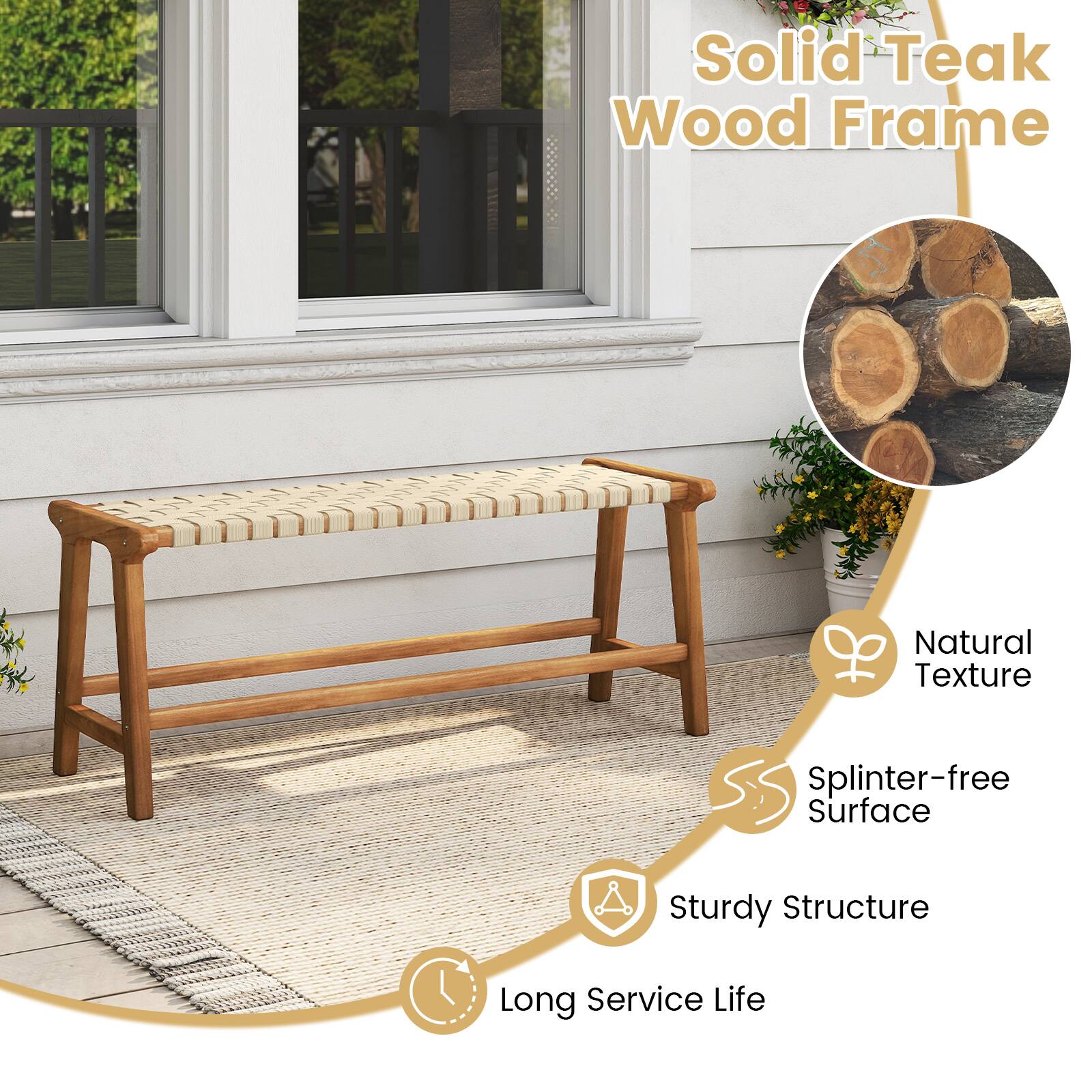Gymax 47'' Long Teak Wood Patio Bench w/Weave Seat Solid Wood Legs ...