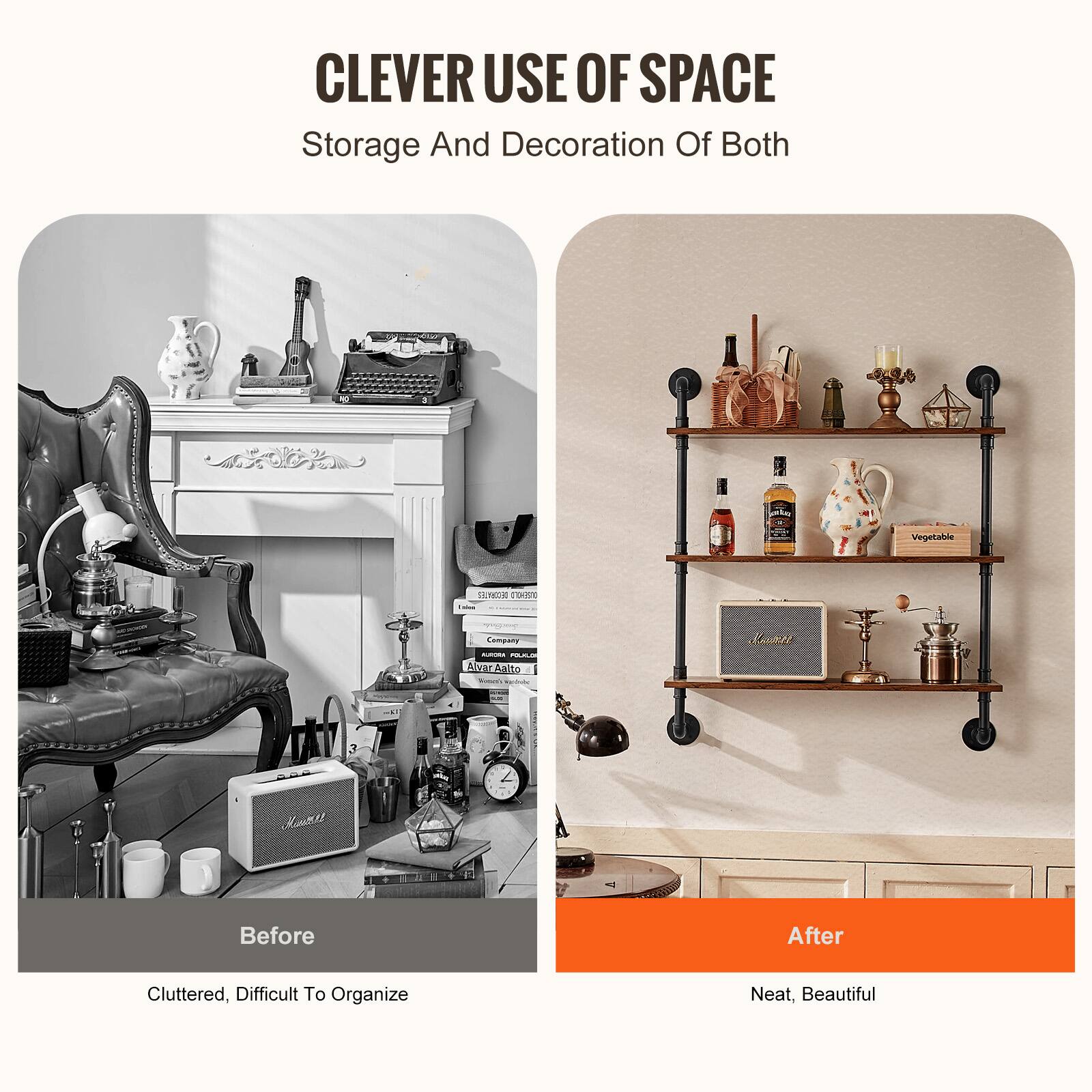 VEVOR Industrial Pipe Shelf, 3 Tier 32x7.87in, Wall Mount Floating ...