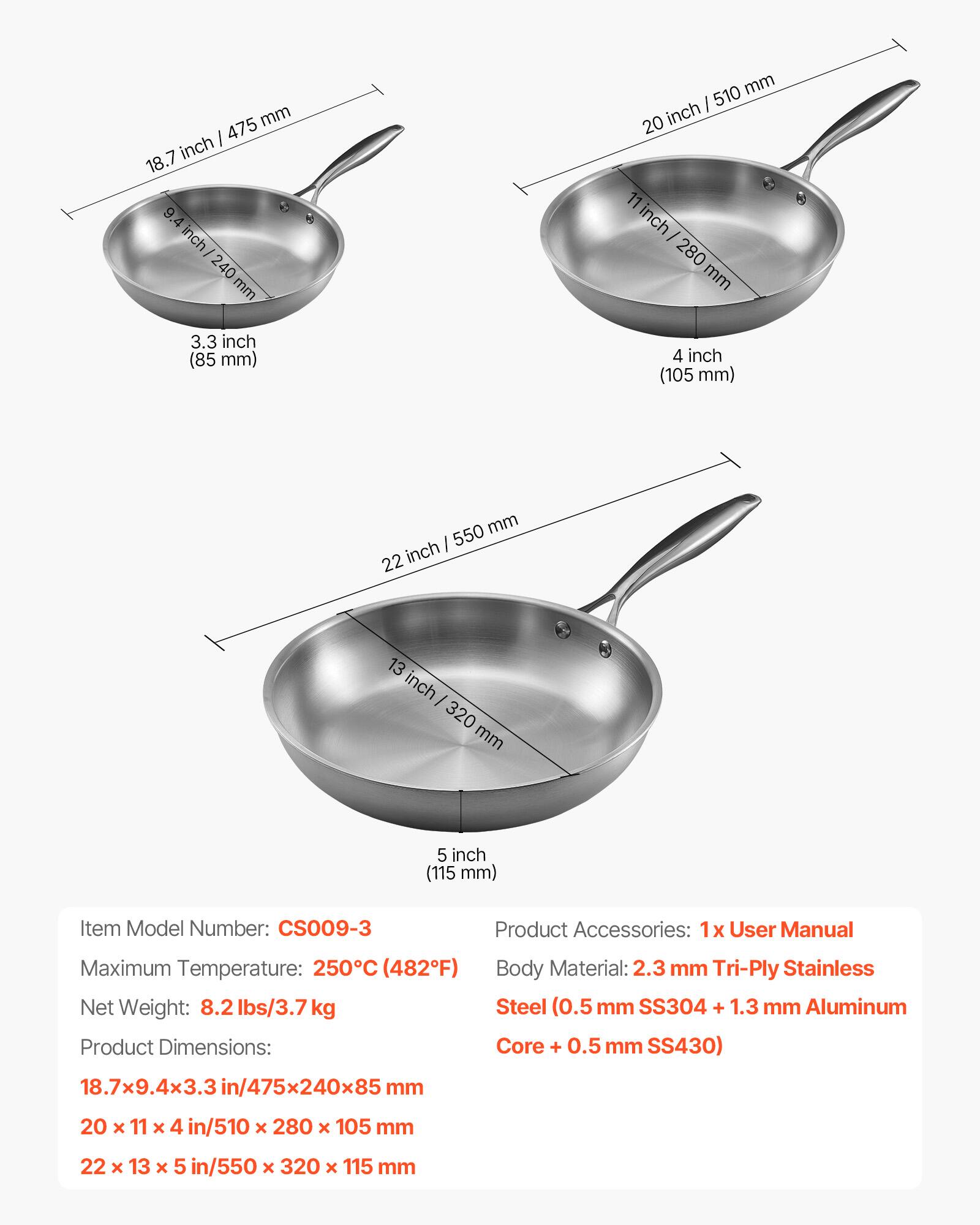 VEVOR Tri Ply Stainless Steel Frying Pan Set, 3 Sizes (8, 10, 12 in), Skillet with Heat ...