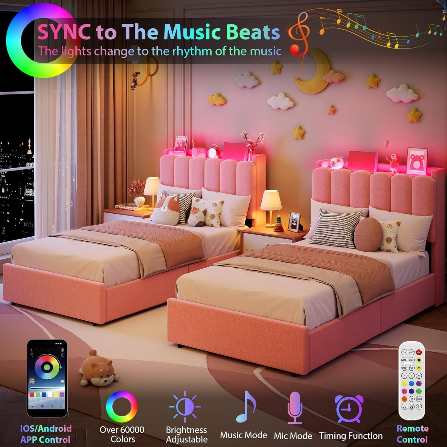 GARVEE Twin Boucle Platform Bed with Wavy Headboard & Storage Bookcase ...