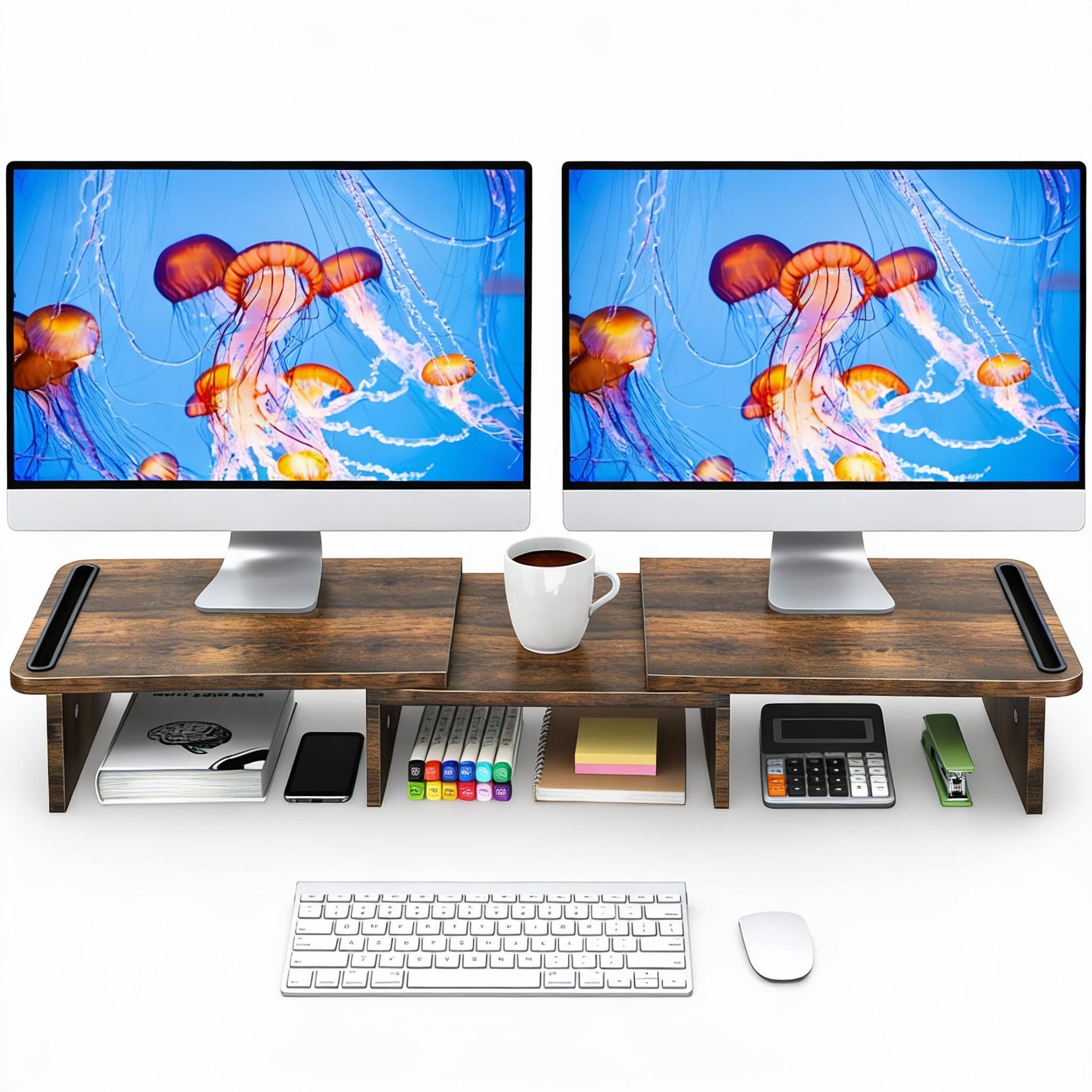 Frangdom Dual Monitor Riser Adjustable Wood Desk Stand Storage Rust ...