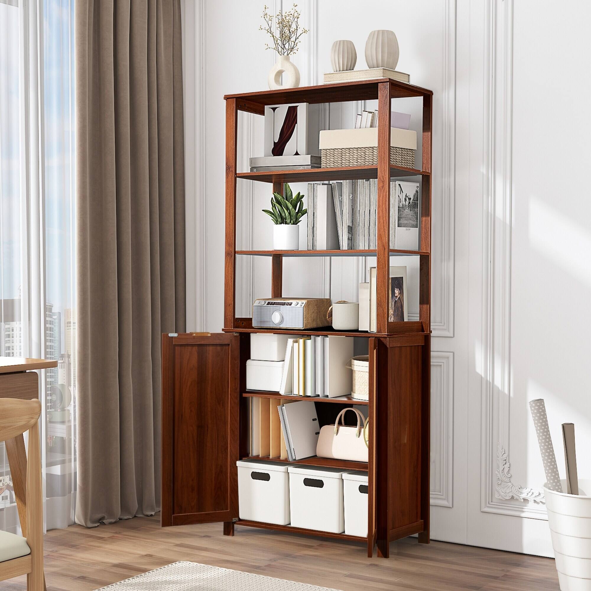 U HOMY Rattan Bookcase with Cabinet, Freestanding Bookcase with Doors ...