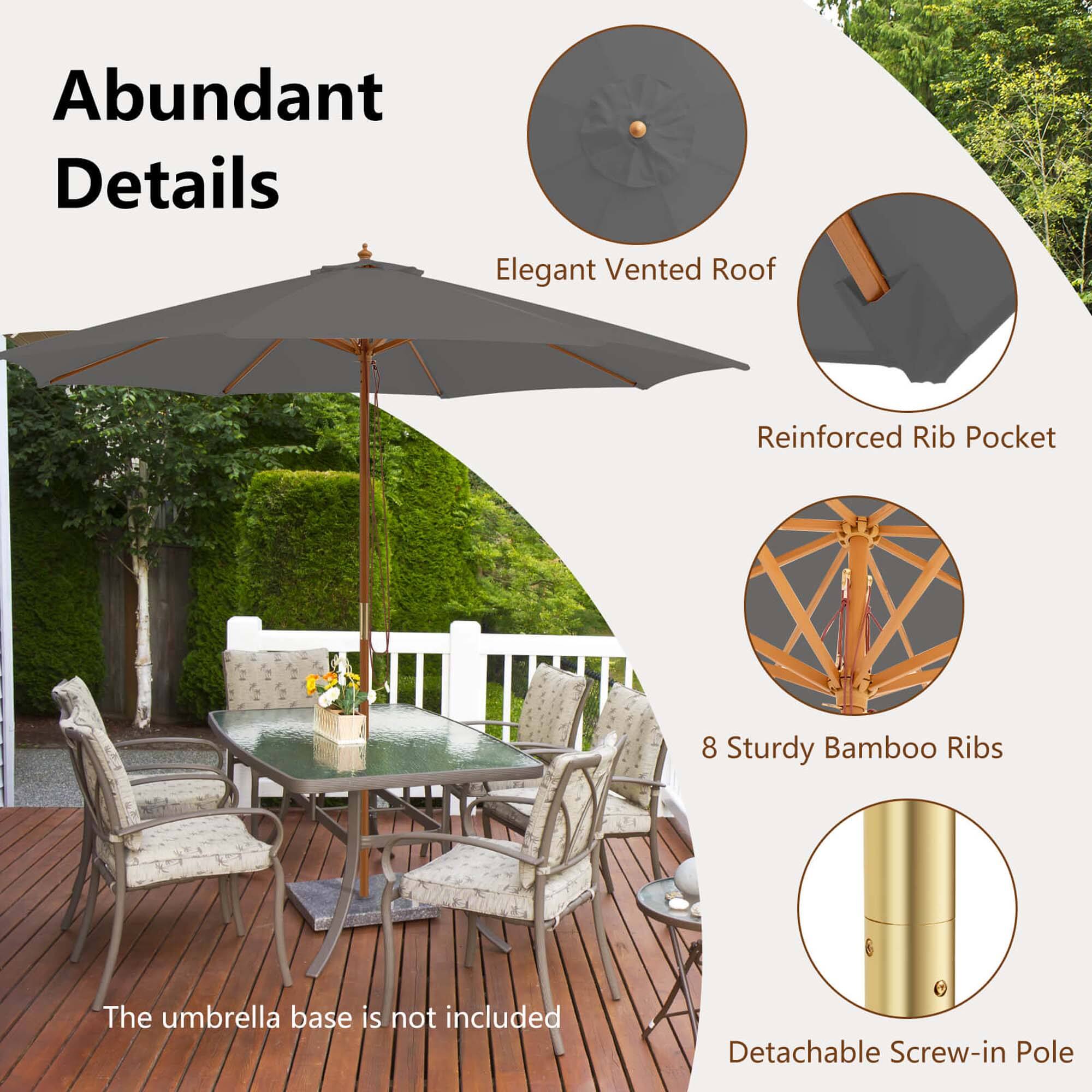 Costway 10FT Patio Wooden Market Table Umbrella Pulley with 8 Bamboo ...
