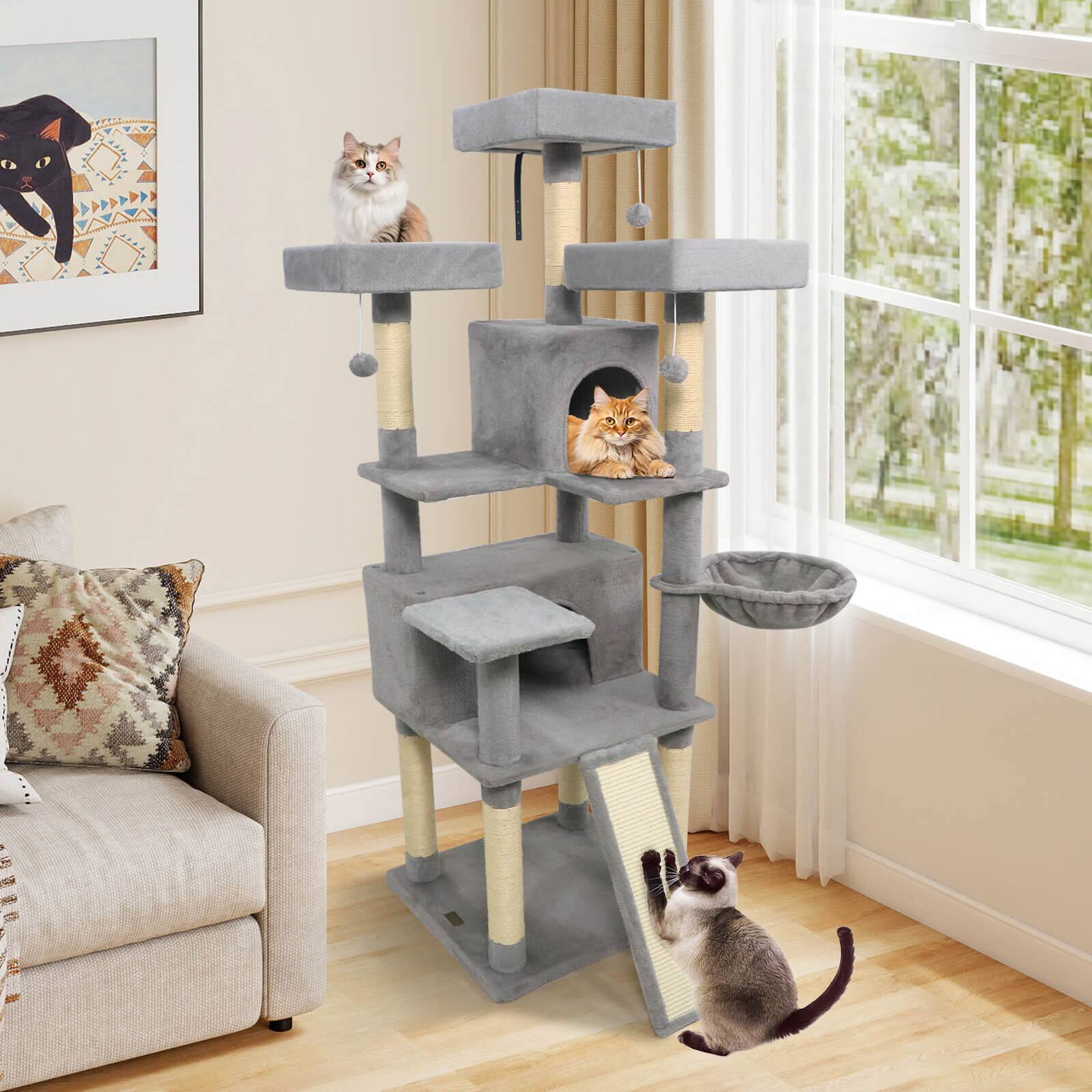 Costway 65" Tall Multi level Cat Tree with 3 Upholstered Top Perch 2 ...
