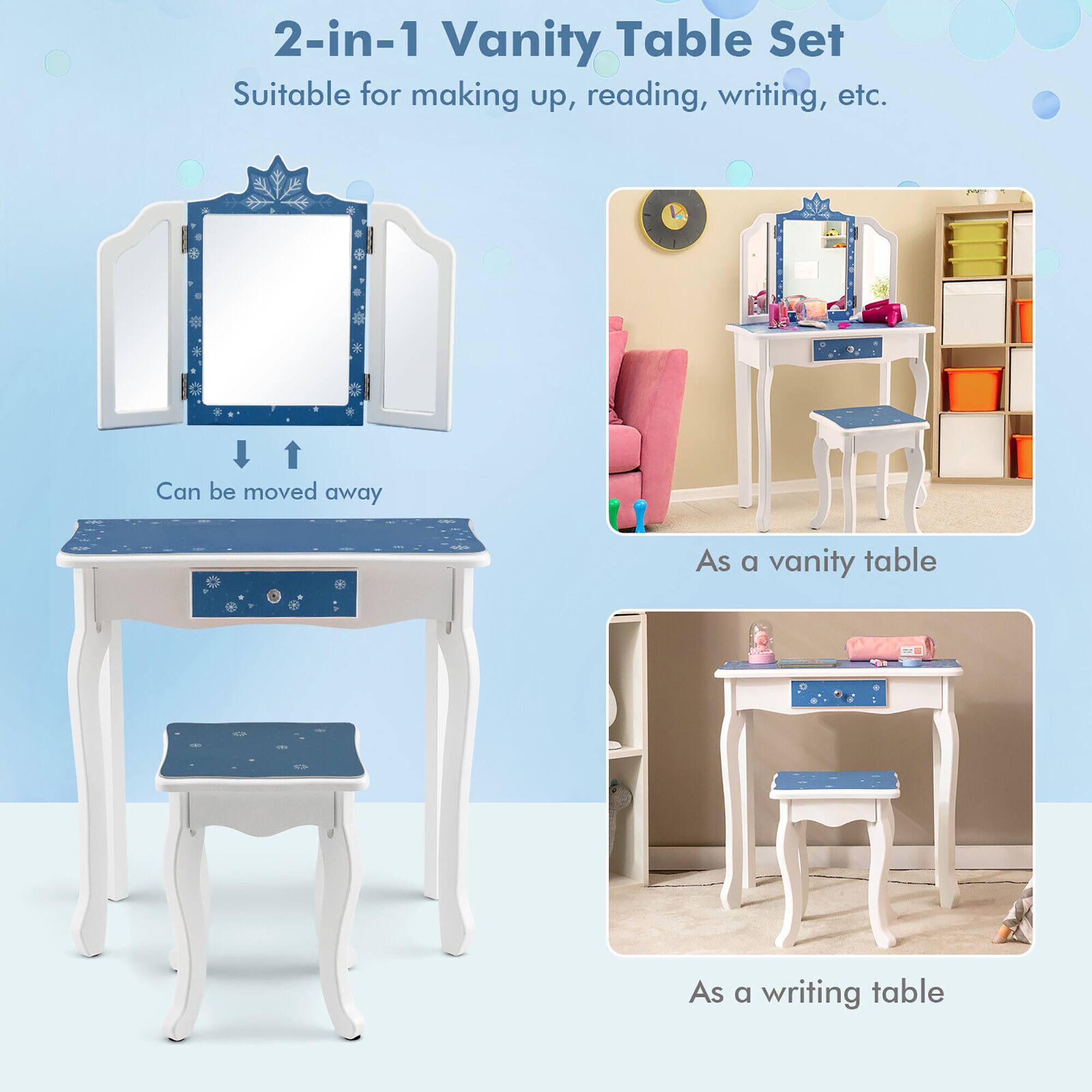 Gymax Kid Vanity Set Wooden Makeup Table Stool Tri Folding Mirror ...