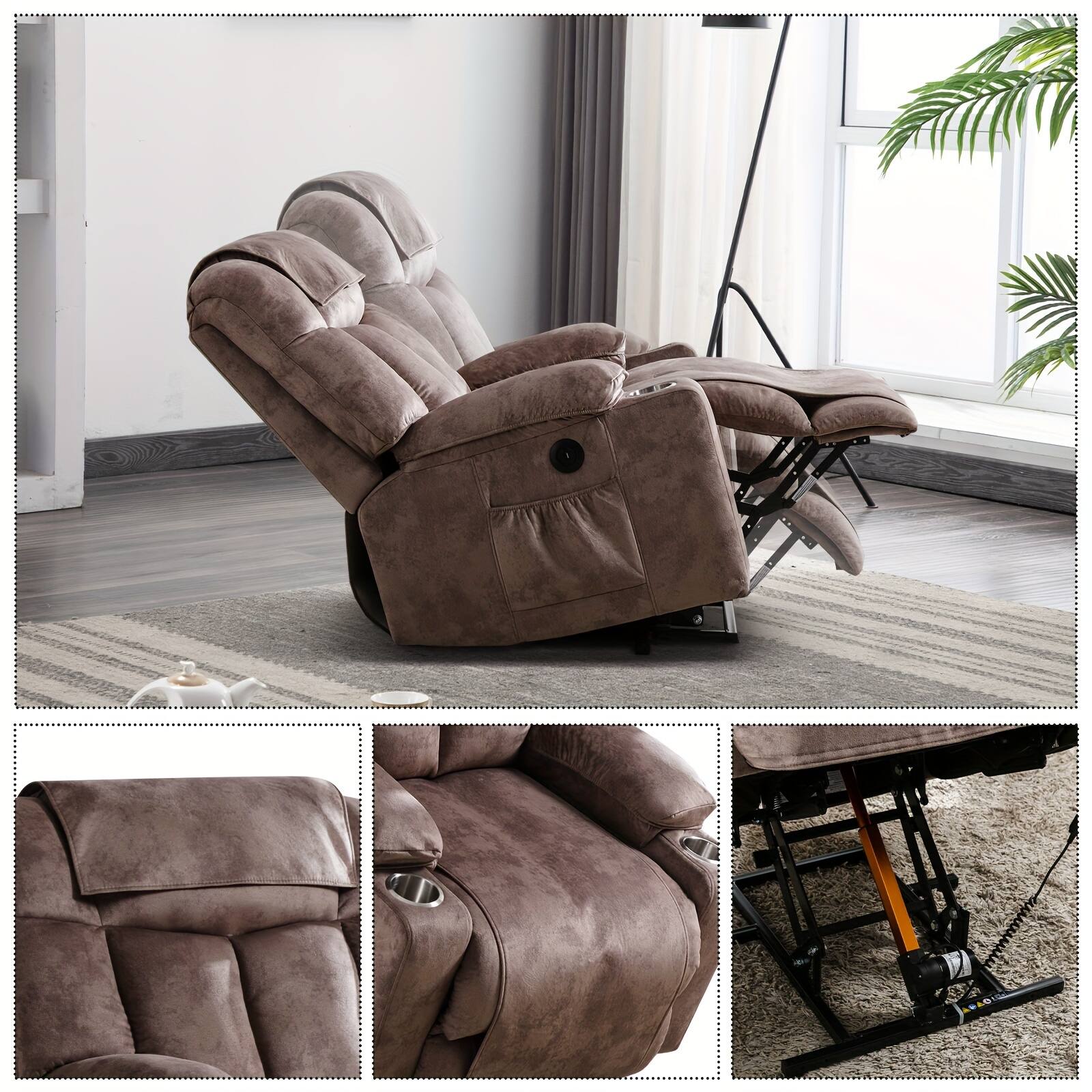 Bestier Microfiber Oversized Power Lift Recliner with Two Cup Holder USB and Chair Covers 36 Wide Brown