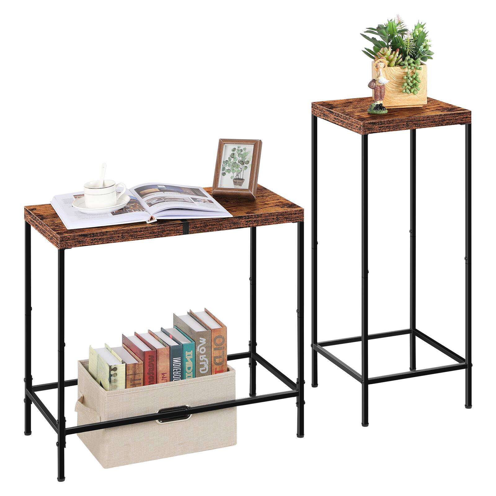 Oumilen Set of 2 Narrow End Tables – Rustic Wood Top with Black Metal ...