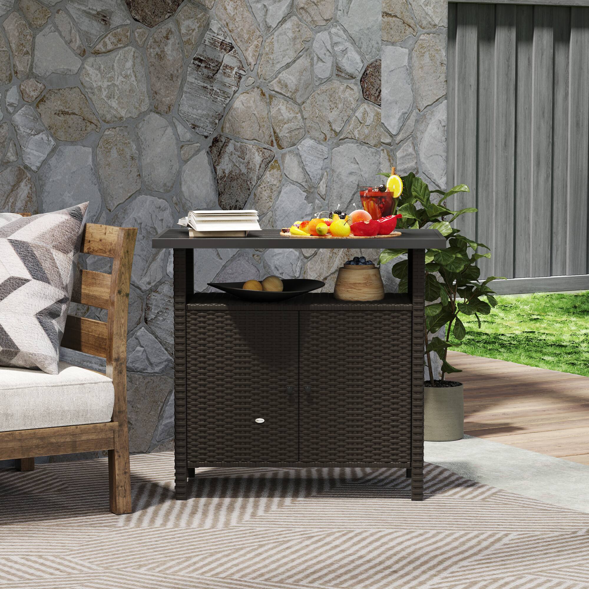 Outsunny Wicker Outdoor Storage Cabinet, Rattan Outdoor Bar Table with ...