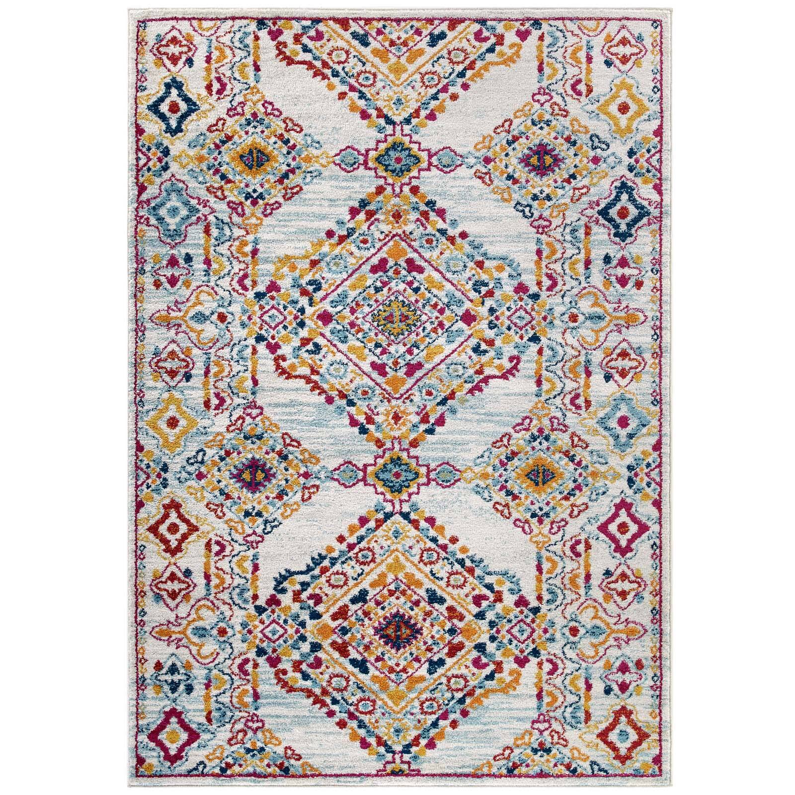 Modway Entourage Khalida Distressed Floral Lattice Area Rug Ivory Blue ...