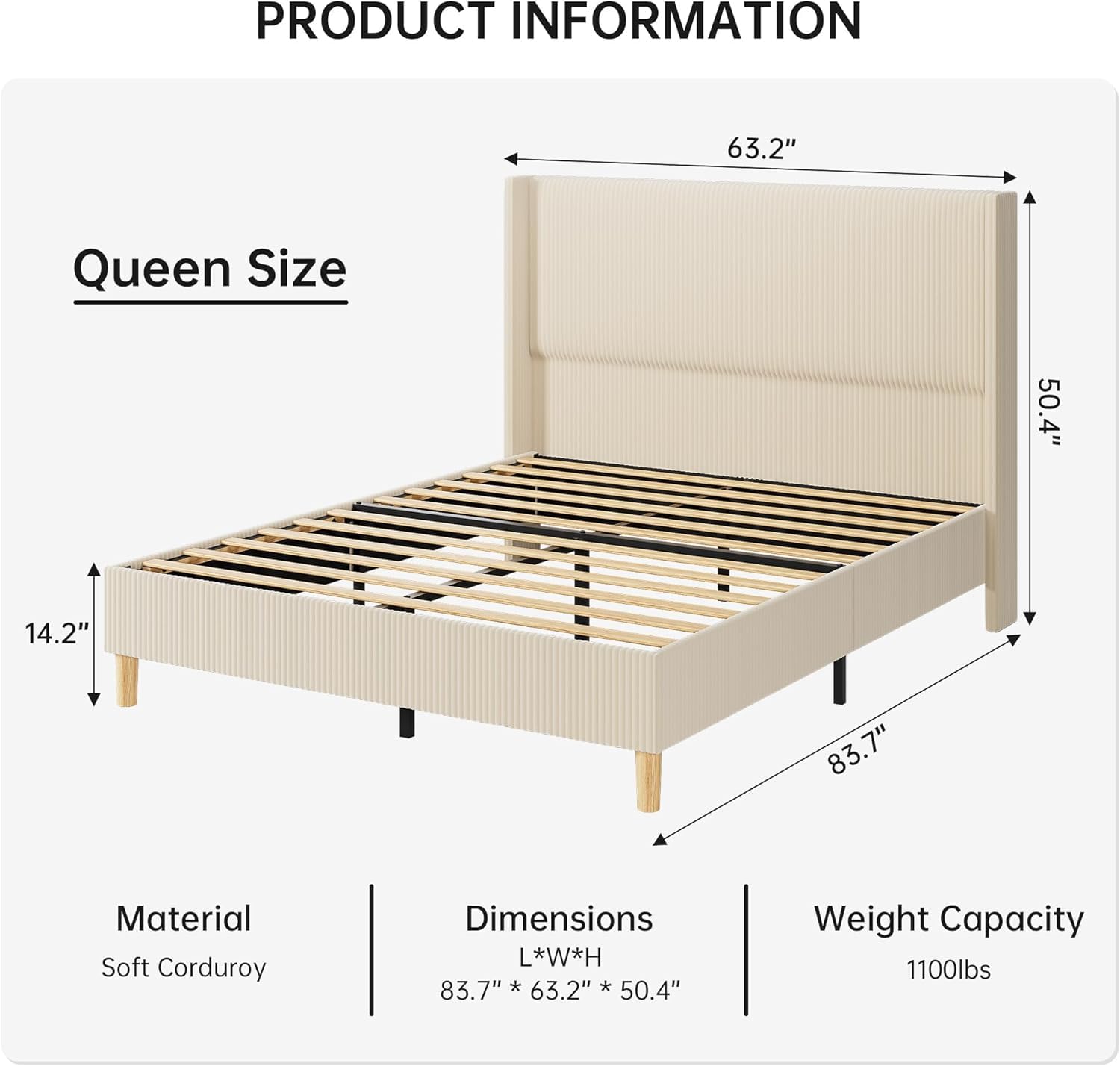 Babevy Queen Size Bed Frame, Upholstered Corduroy with Vertical Tufted ...