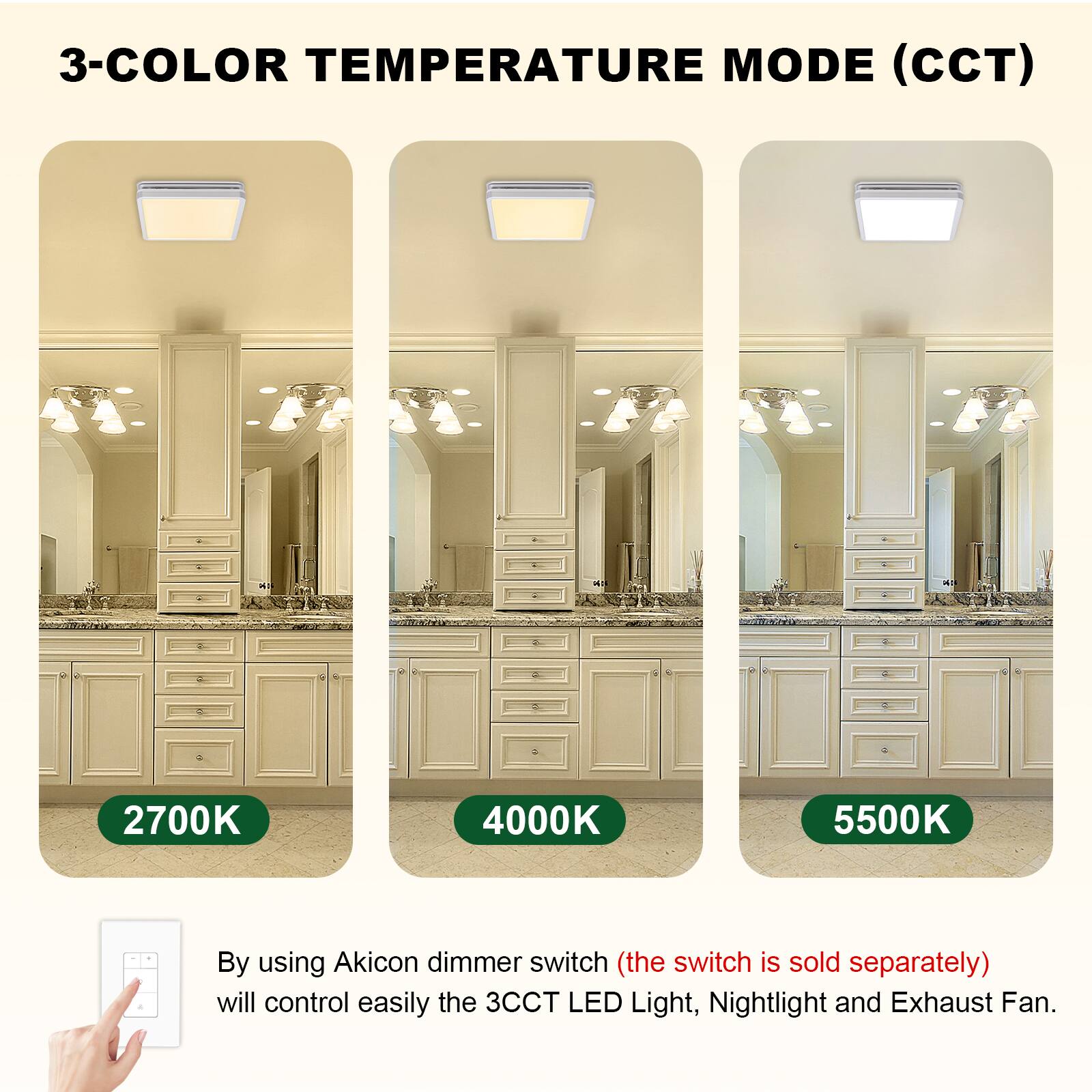 Akicon Bathroom Exhaust Fan with Light, Dimmable 3CCT LED Light with ...