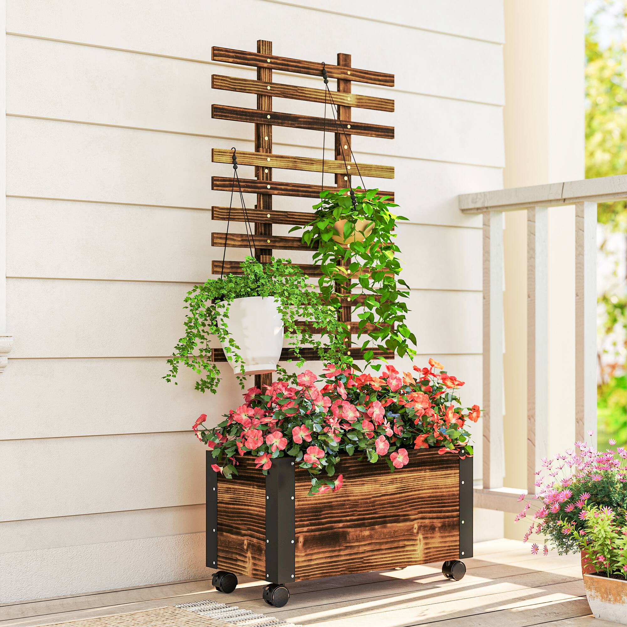 Outsunny Raised Garden Bed, Planter Box w/ Trellis and Metal Corners ...