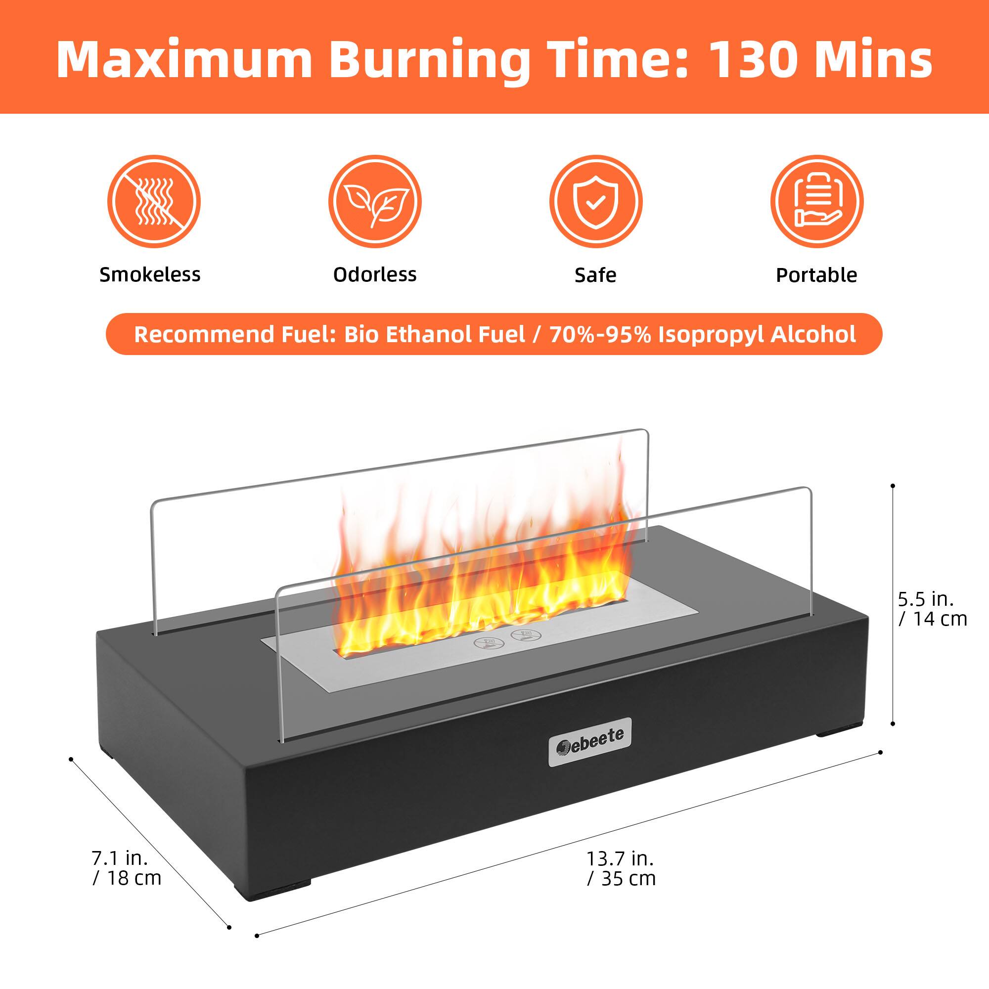 TinyHomie 137x55 in Bio Ethanol Ventless Fireplace Glass Black Metal Indoor Outdoor SF-X ...