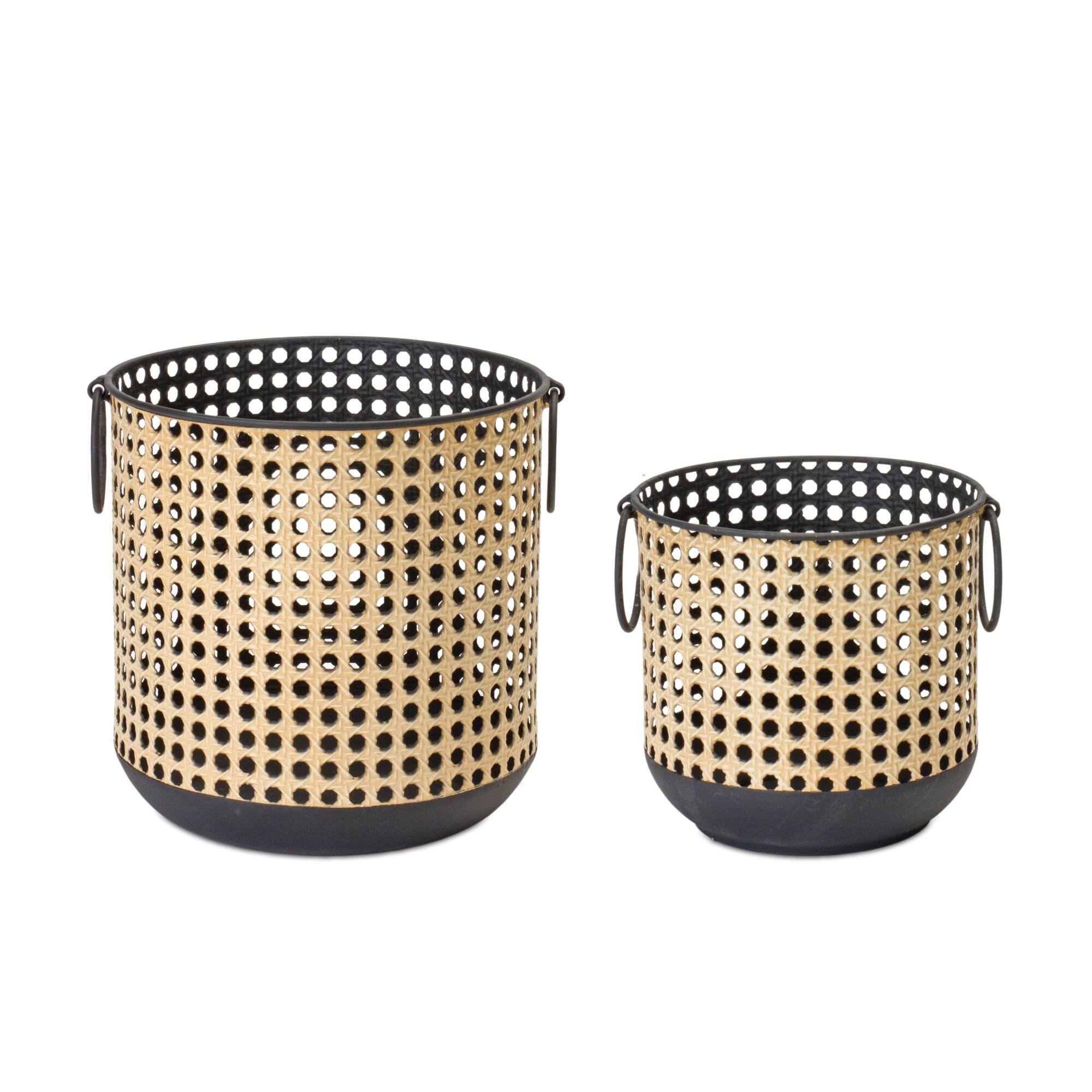 BreeBe Punched Metal Candle Holder with Rattan Design (Set of 2) Black ...