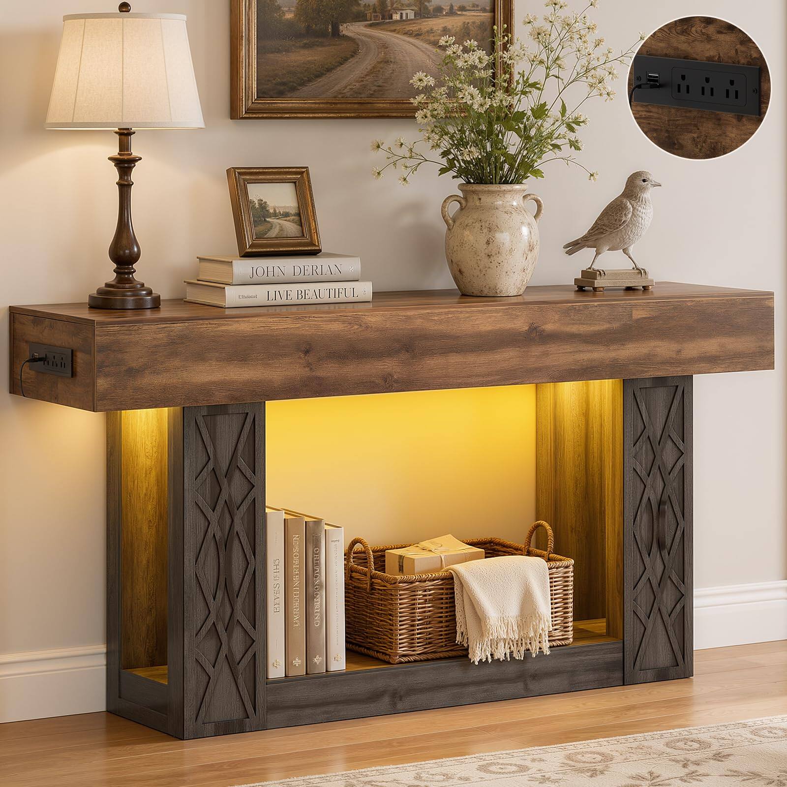Aheaplus 63" Farmhouse Console Table with Charging Station & RGB LED ...