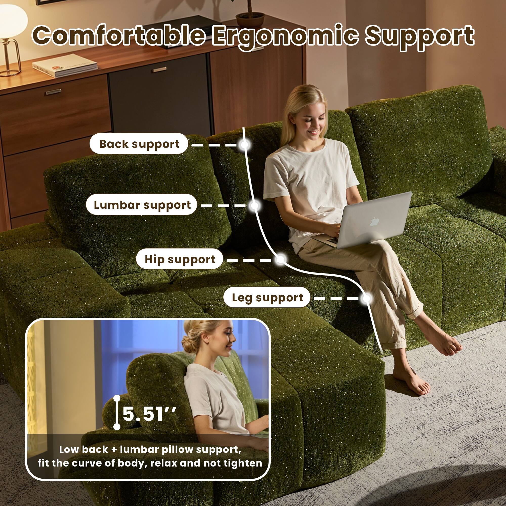 Ovios 114" Starlight Fabric Sectional Sofa with Comfy Chaise, Boneless ...