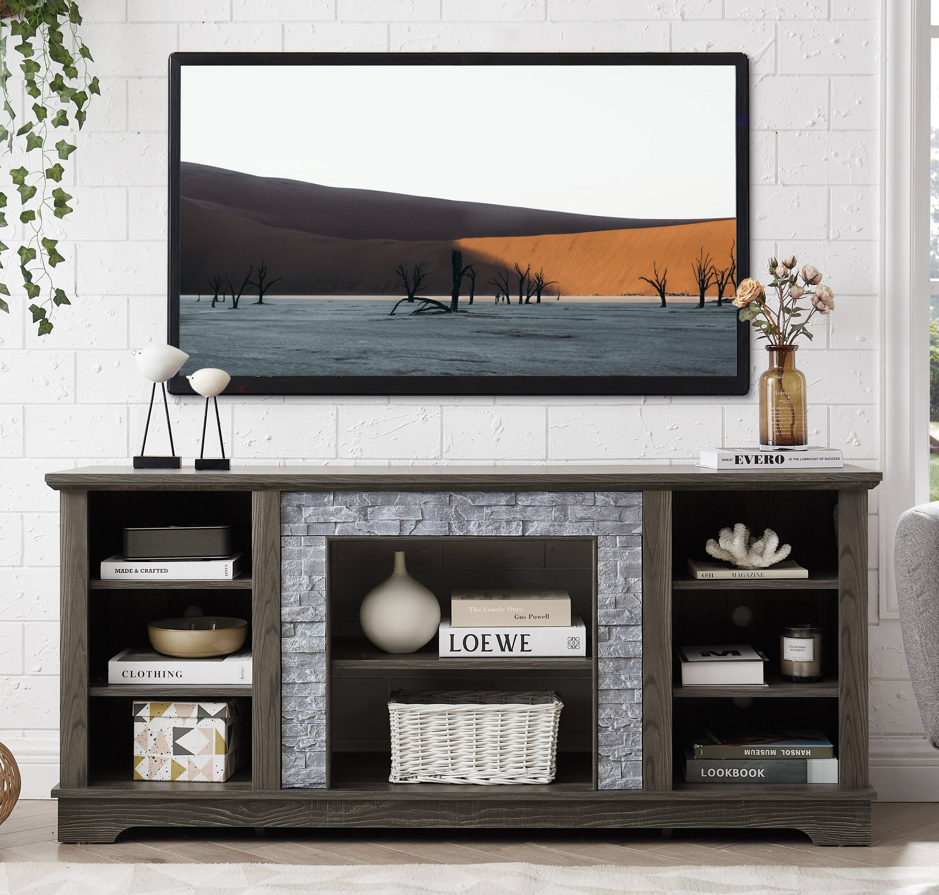 APRILSOUL Mantel Stone TV Media Stand with with Faux Stacked Stone ...