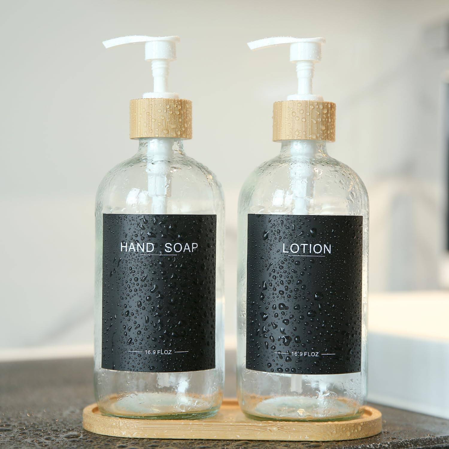 Dapper Styles Glass Soap Dispenser With Pumps tray labels Hand Lotion ...