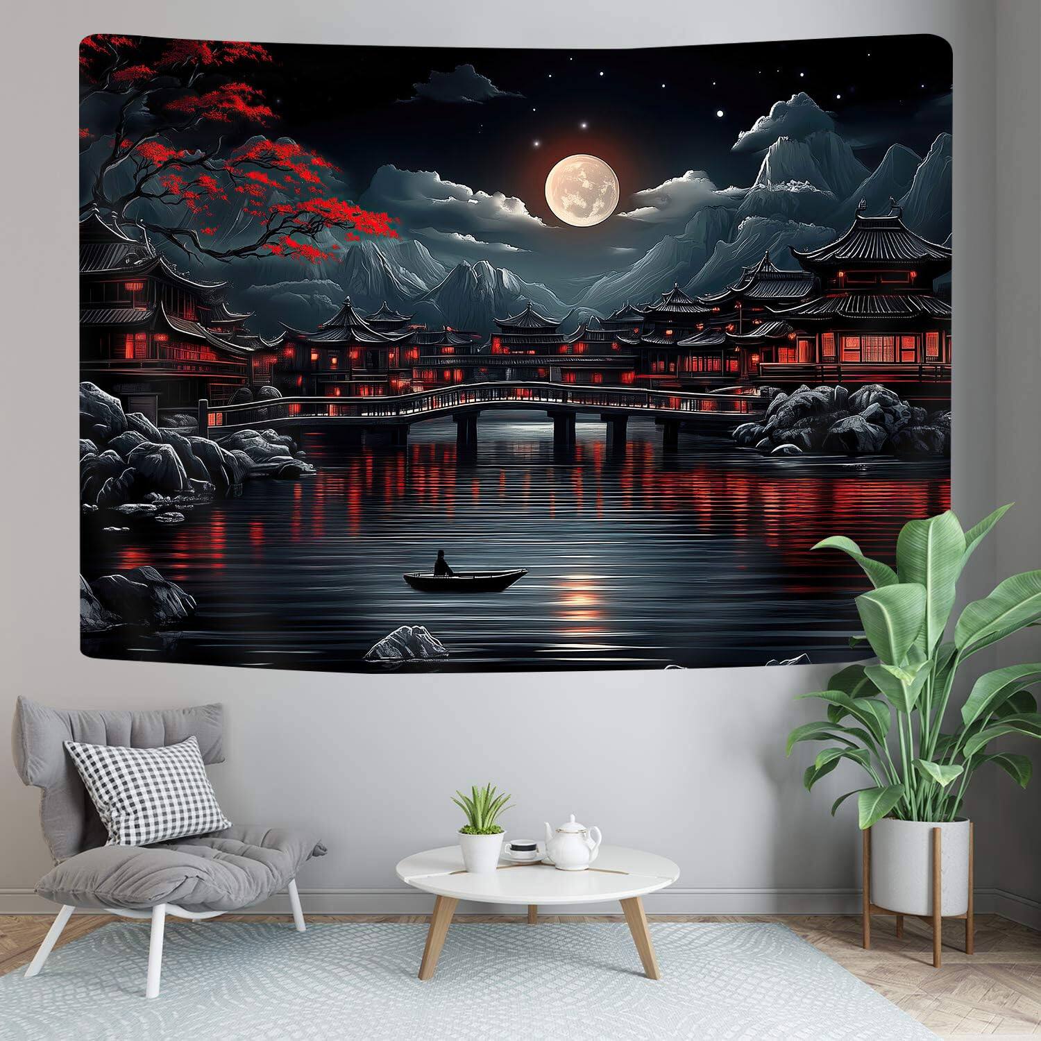 Dapper Styles Anime Tapestry Cool And Dark Mountain Riverside Full Moon ...