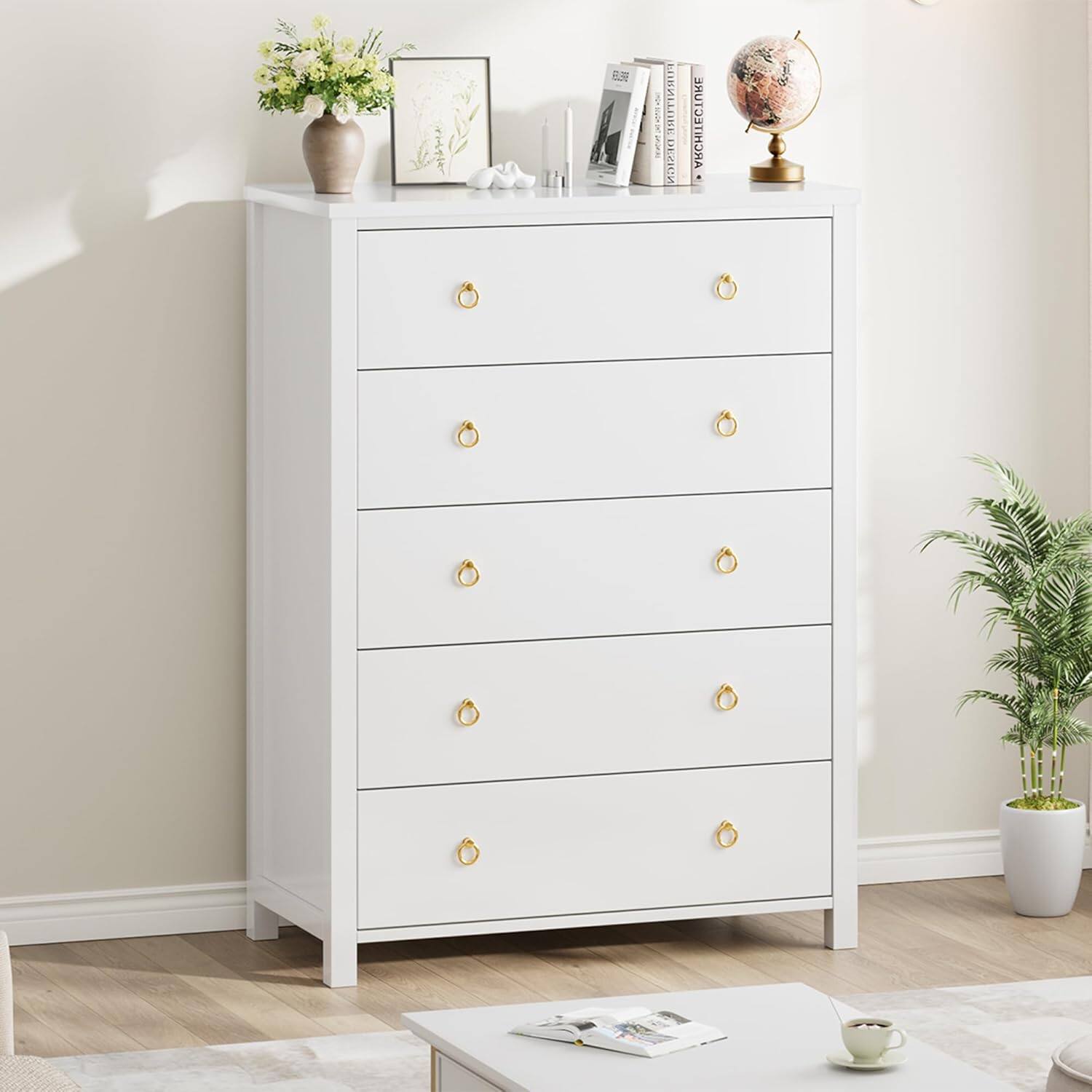 Homhougo 5 Drawer Dresser for Bedroom, 45 Inch Tall Wood Chest of ...