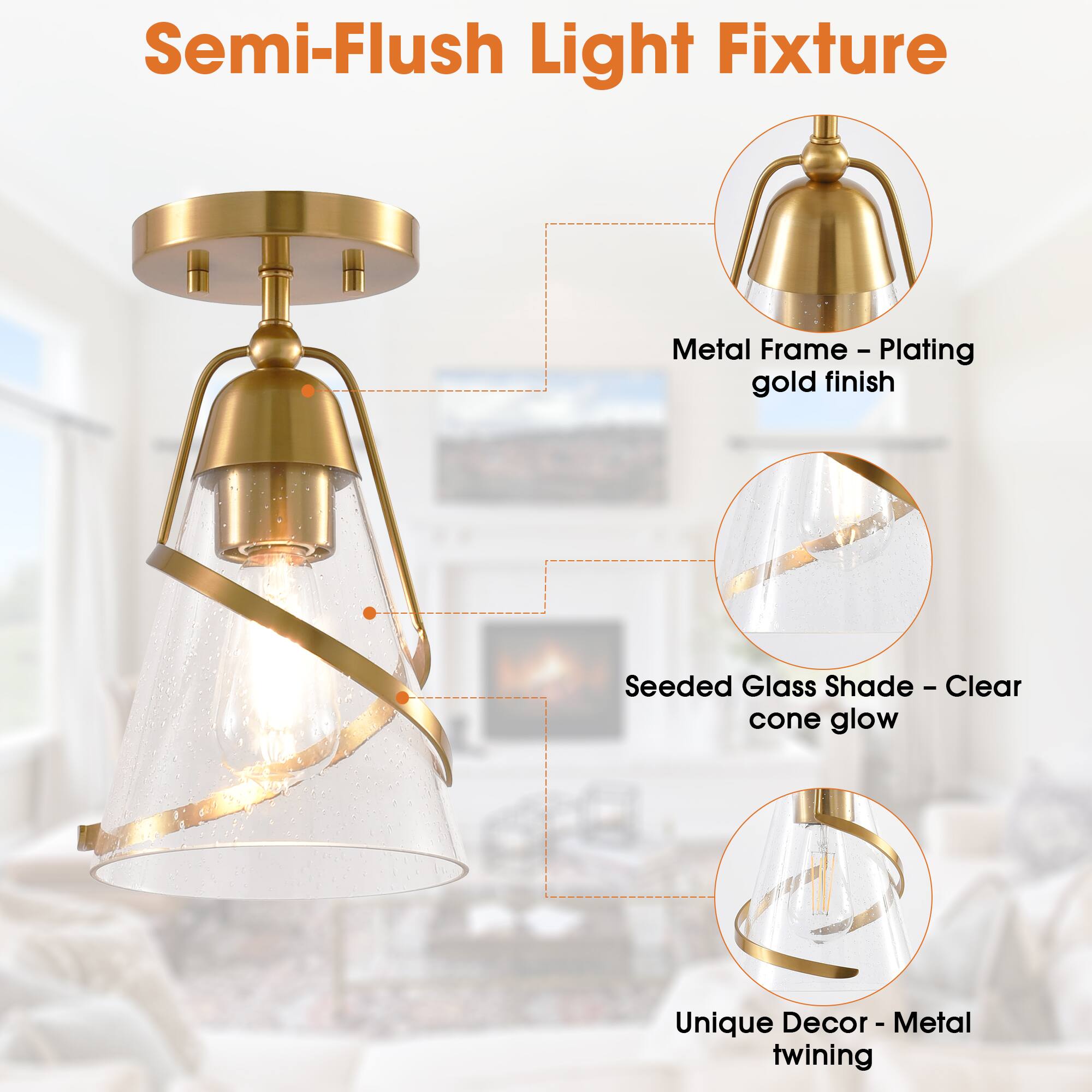 Parrot Uncle 7” Modern Glass Shade Semi Flush Mount Ceiling Light Gold ...
