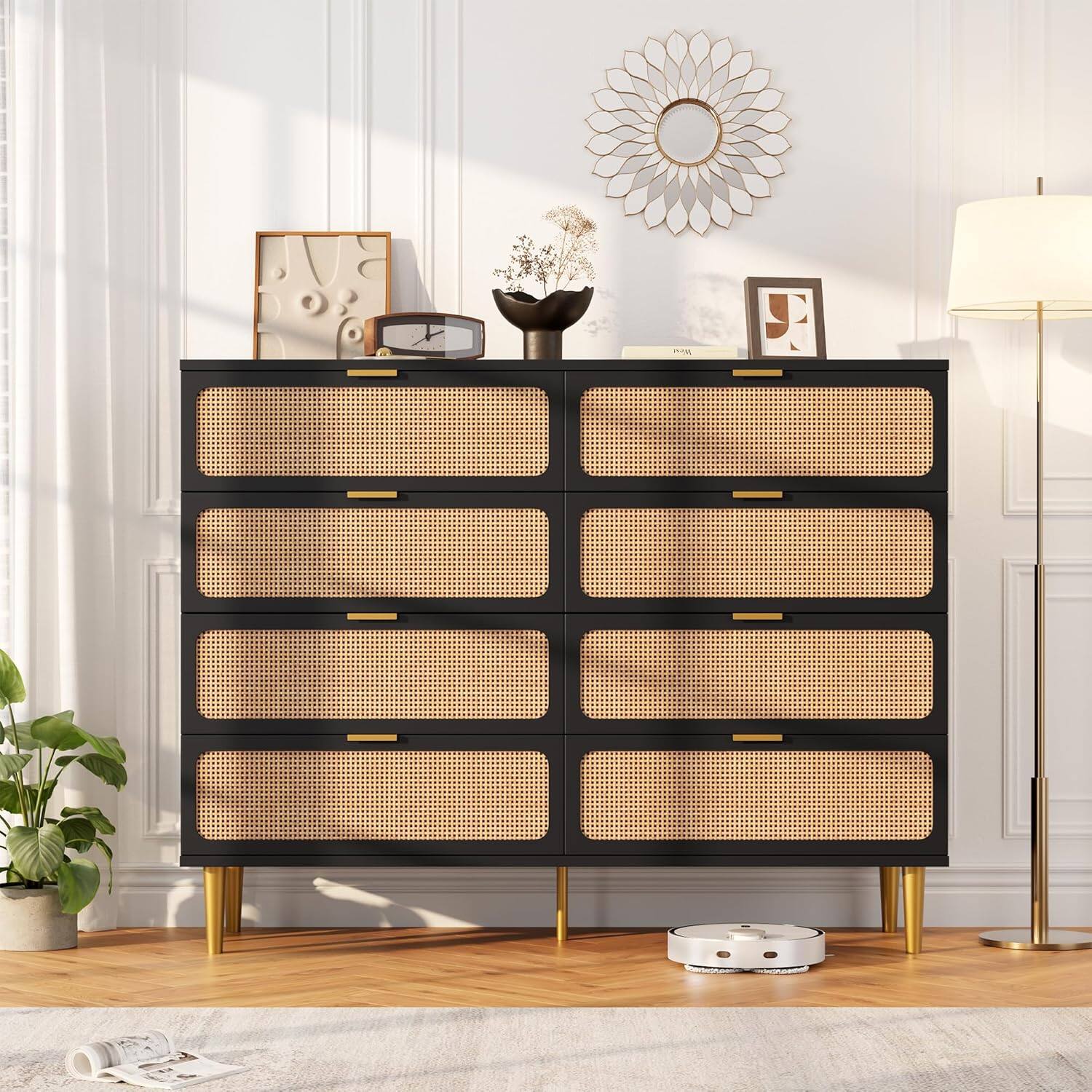 Homhougo Rattan 8 Drawer Dresser, Tall Wood Chest with Wide Top, Large ...