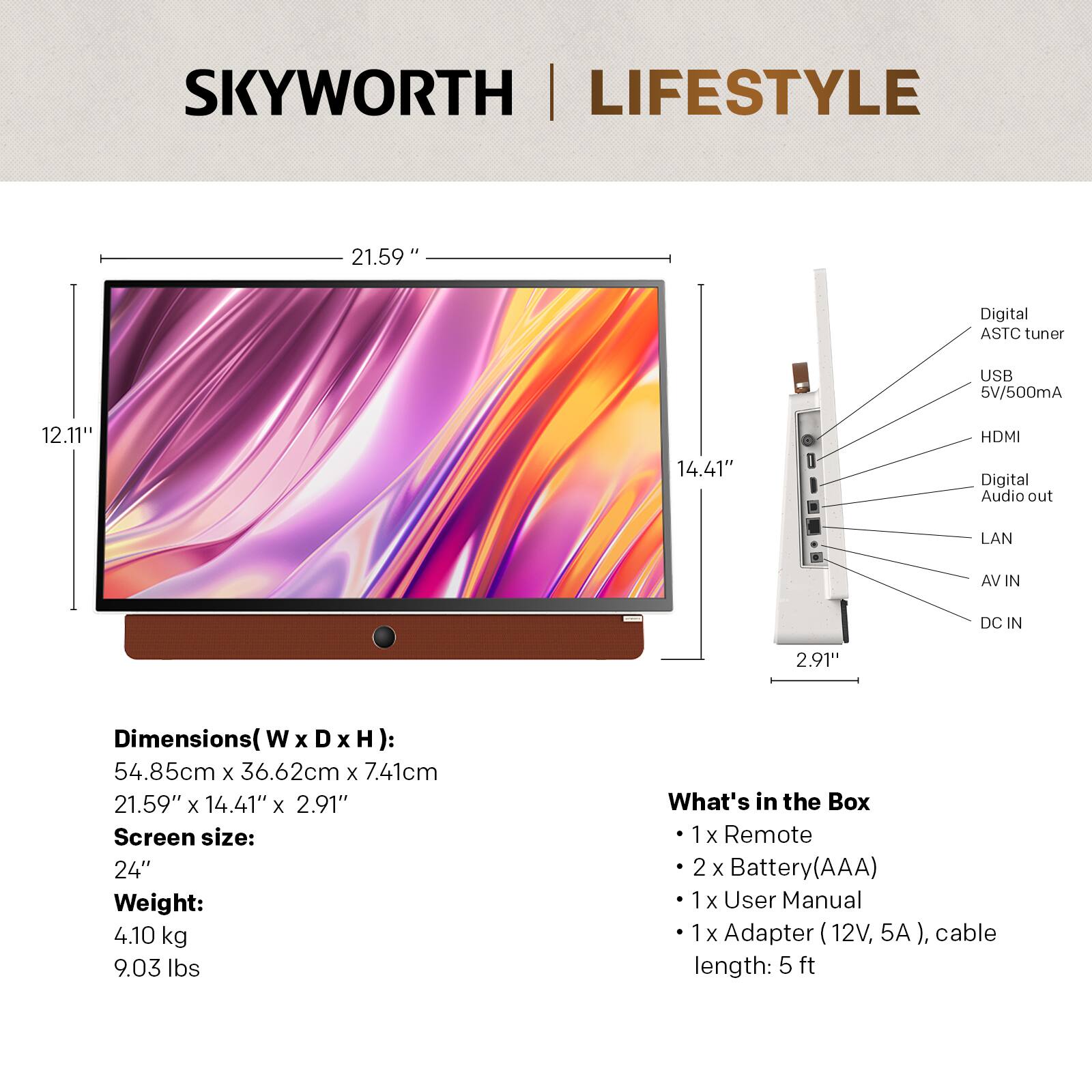 SKYWORTH 24" Portable TV Bundle Edition Battery Powered LED Smart TV ...