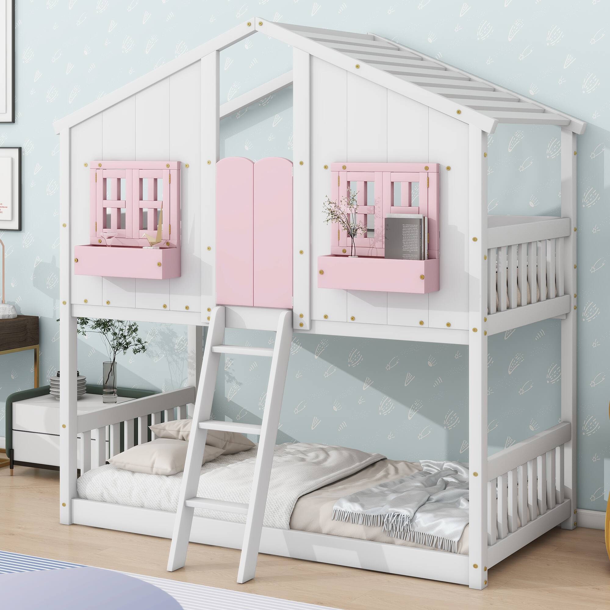 TinyHomie Twin over Twin House Bunk Bed with Roof Window Window Box ...