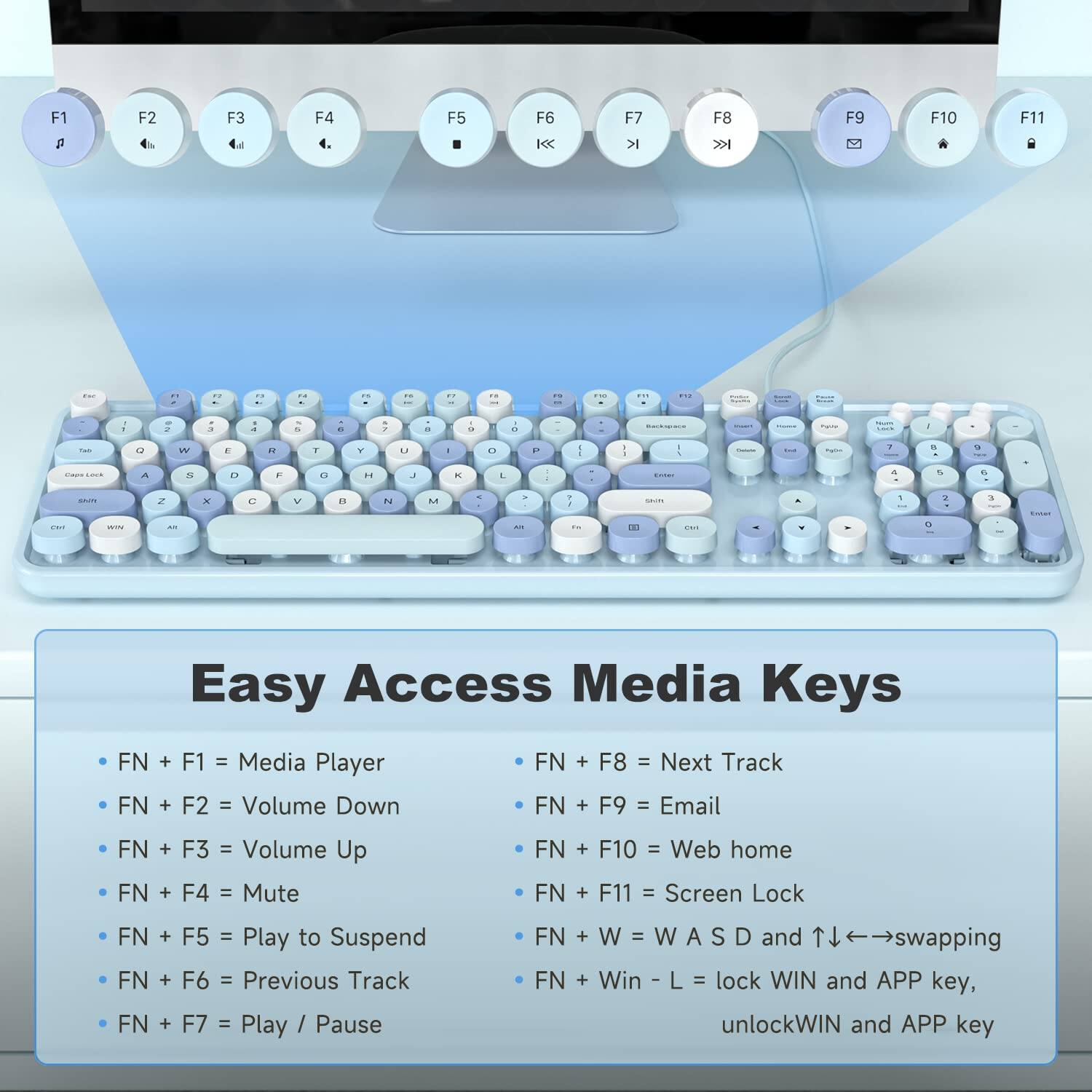 Pacoar Cade Wired Computer Blue Colorful Retro Full Size Round Keycaps ...