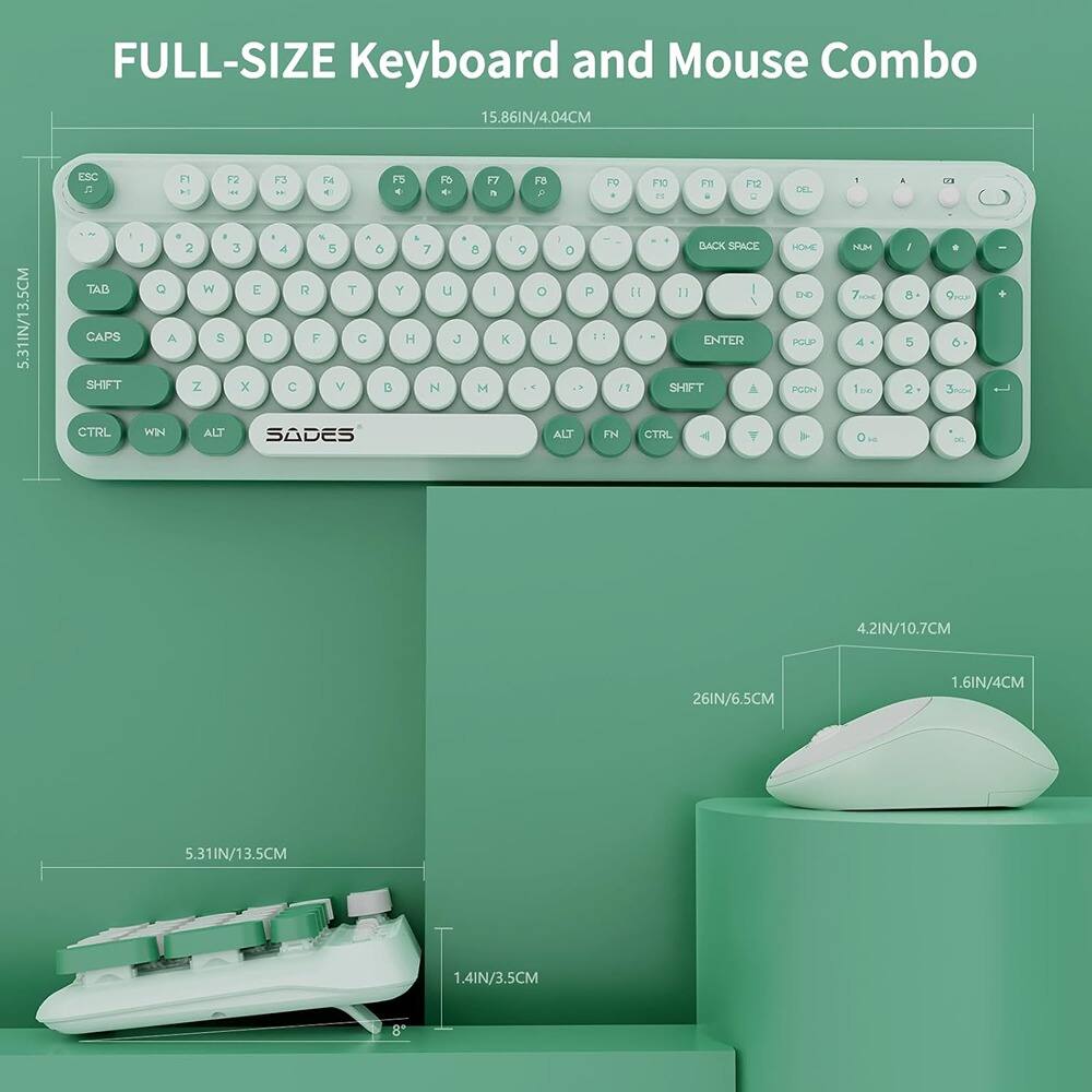 MOSZAR LLC Wireless Keyboard and Mouse Combo Full Sized Keycaps Retro ...