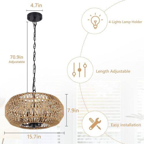 LUCKY ONE 15.7in Hanging Rattan Chandelier, 4 Light Boho Wicker Pendant ...