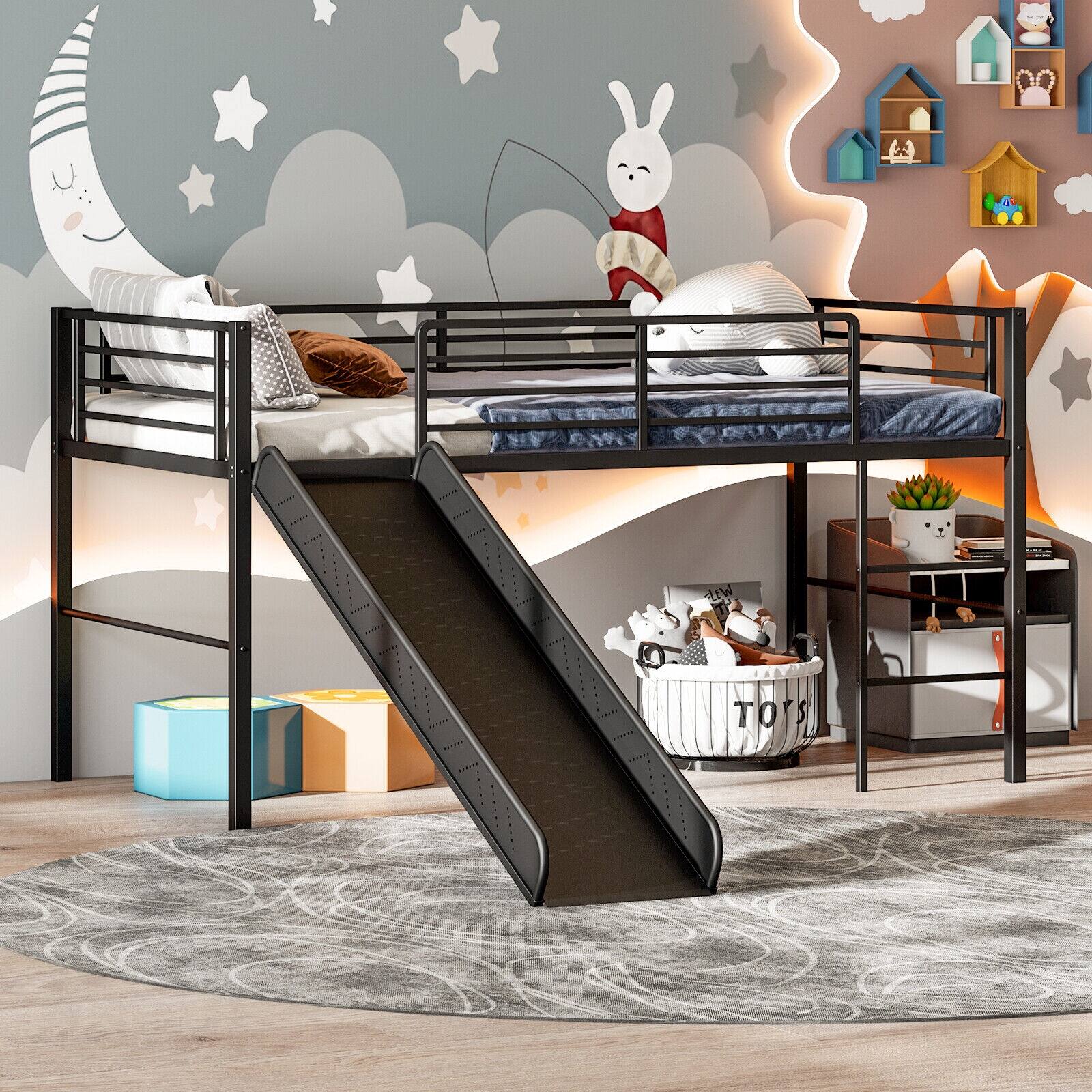 Ecooso Twin Metal Loft Bed Frame with Slide, Safety Rails, and Ladder ...
