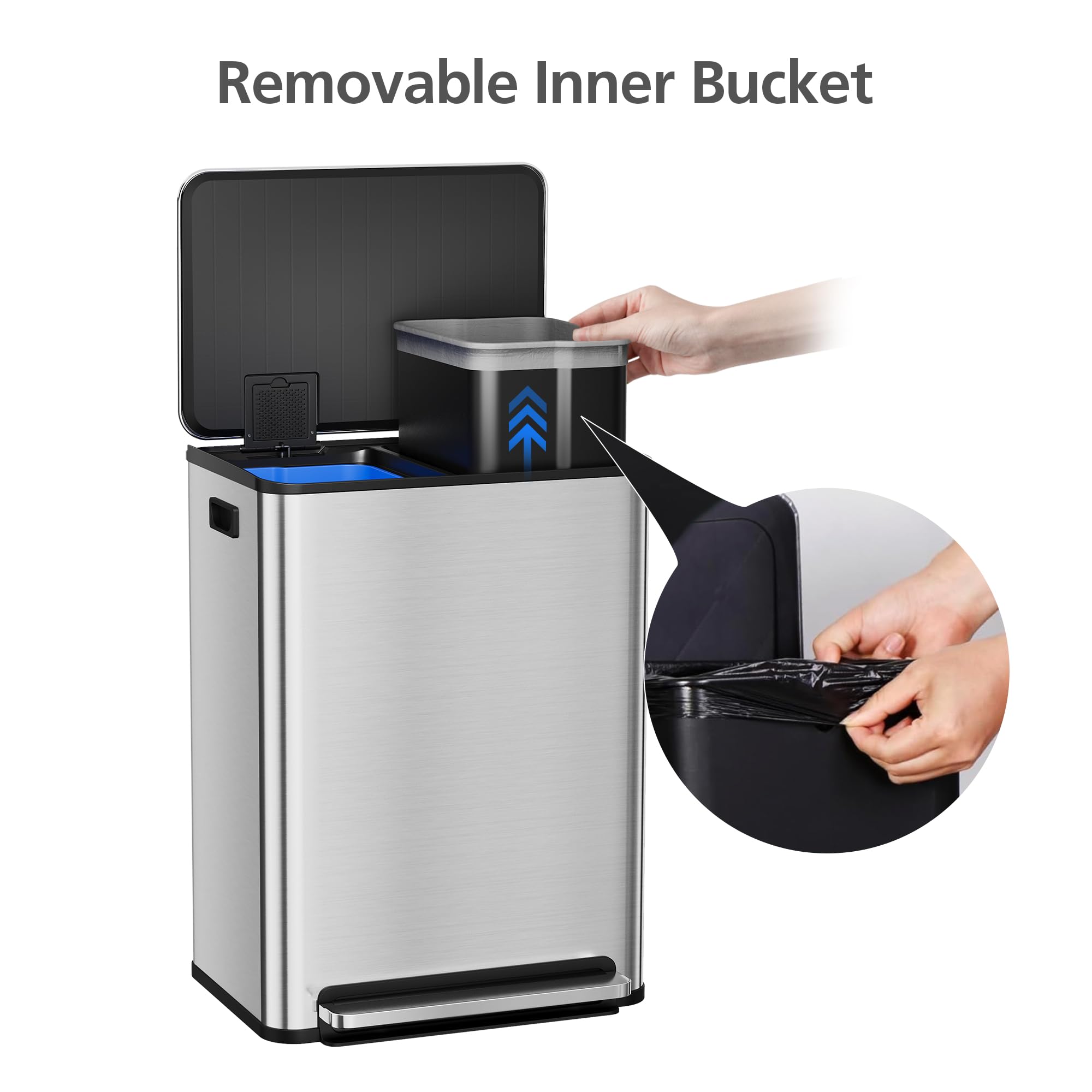 Babevy Dual Compartment Kitchen Trash Can,60L/16 Gal 2 in 1 Step Bin ...
