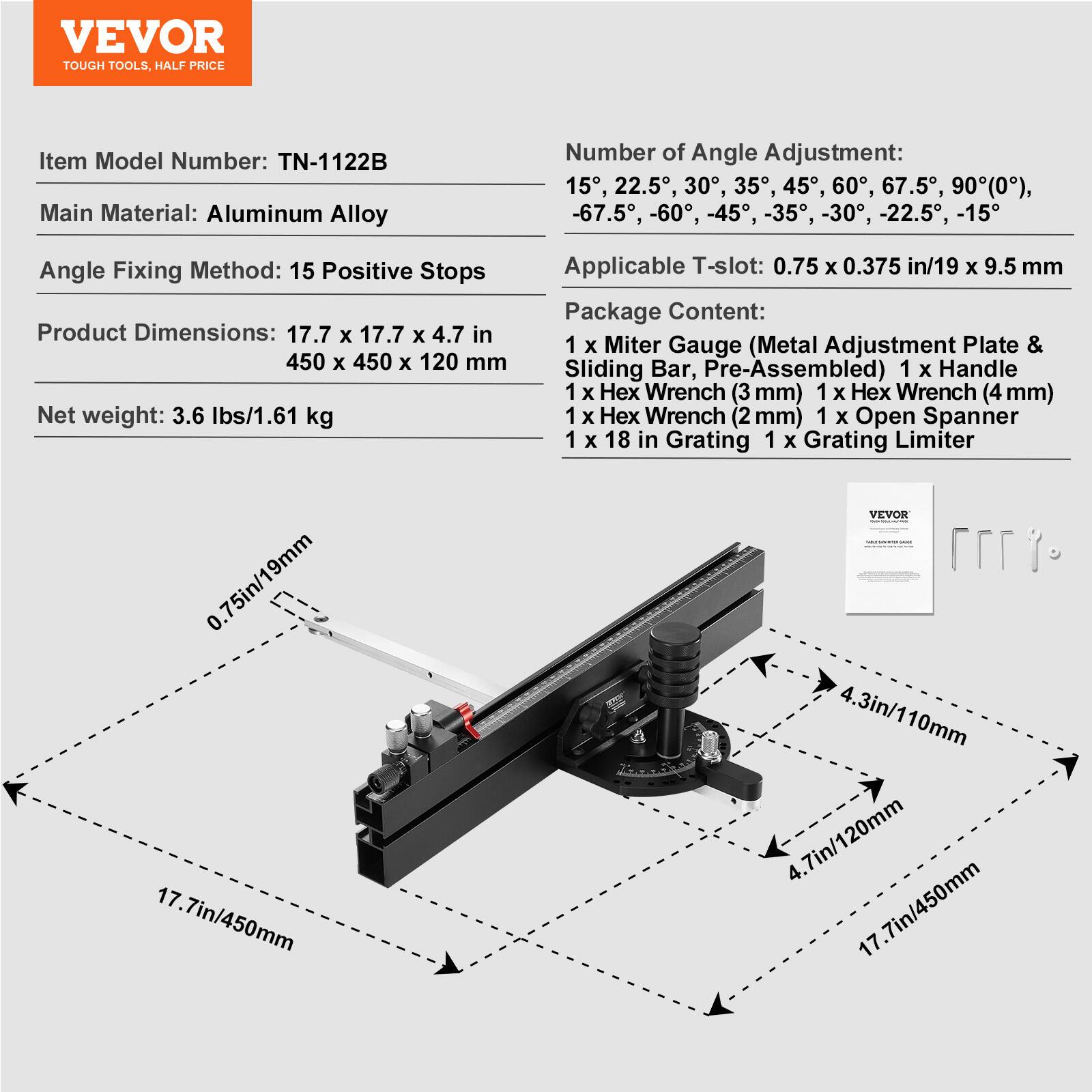 VEVOR Precision Miter Gauge, Standard Slot 3/4''x3/8'', Aluminum Alloy ...